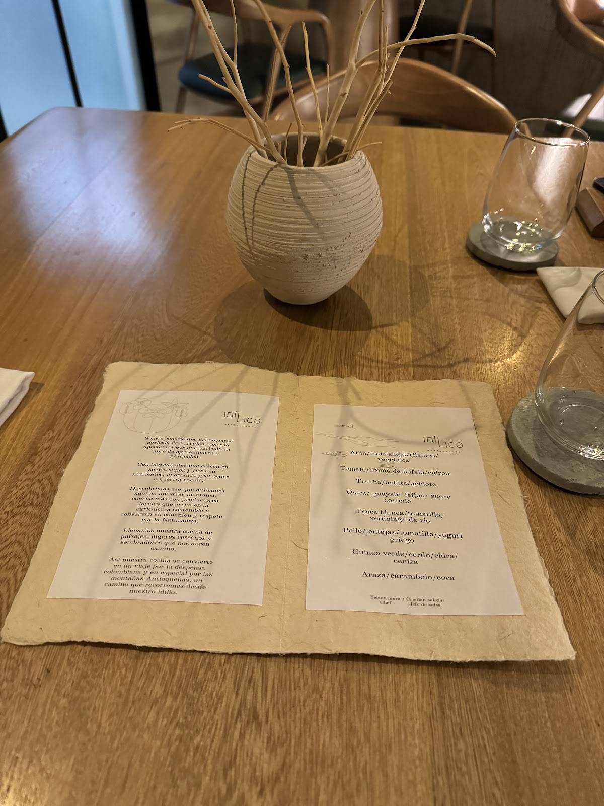 Carta del restaurante Idilico, Medellín