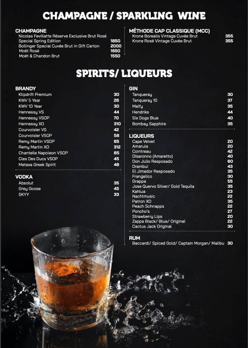 Menu at V8 Lounge & Skybar, Hartbeespoort