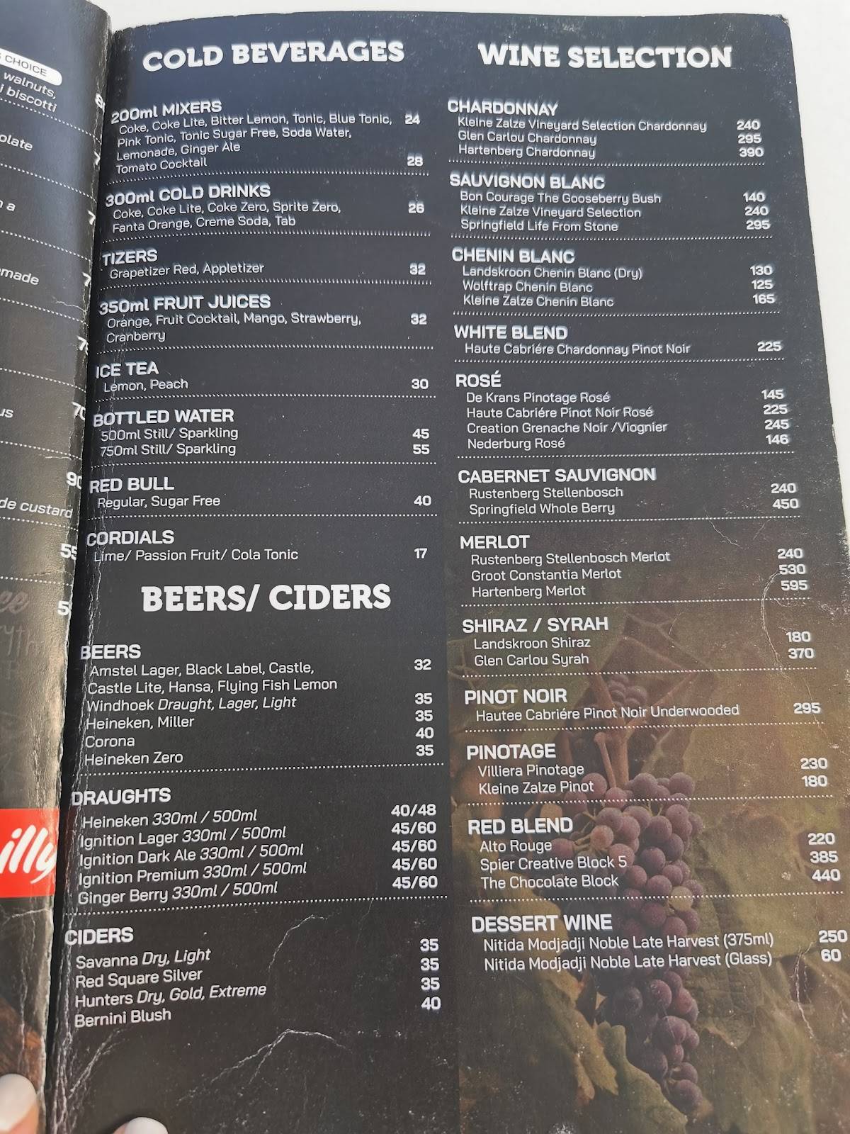 Menu at V8 Lounge & Skybar, Hartbeespoort