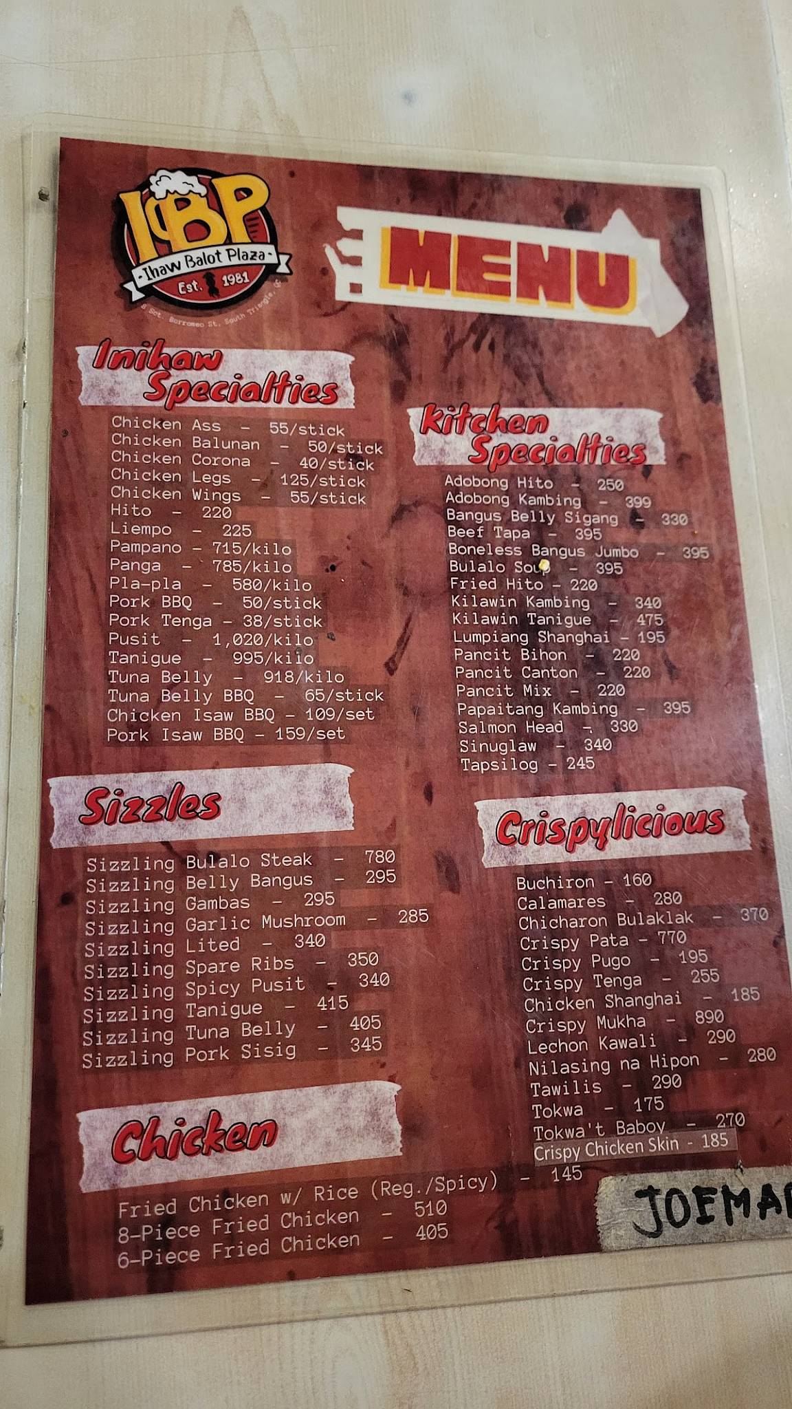 Menu at Ihaw Balot Plaza restaurant, Quezon City