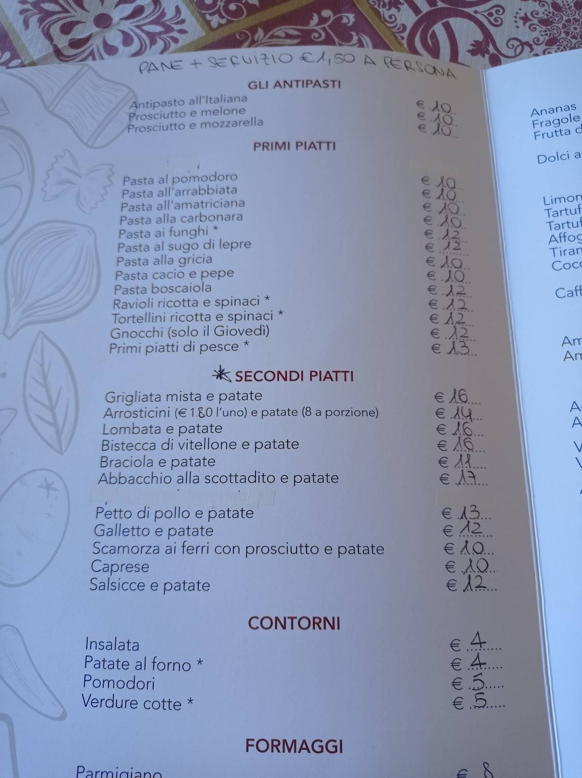 Carta del restaurante Il Baffone, Roma