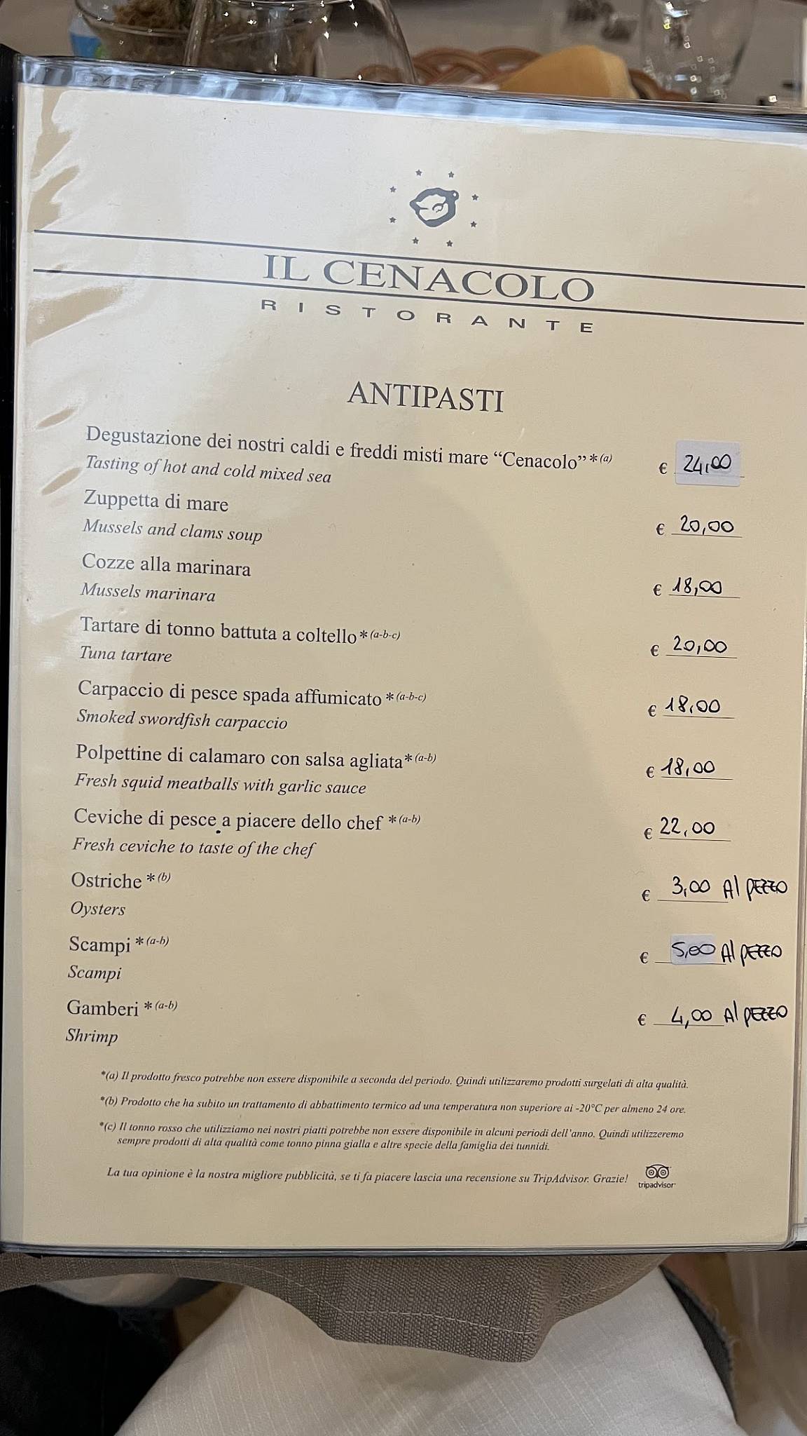 Menu da Il Cenacolo ristorante, Sassari