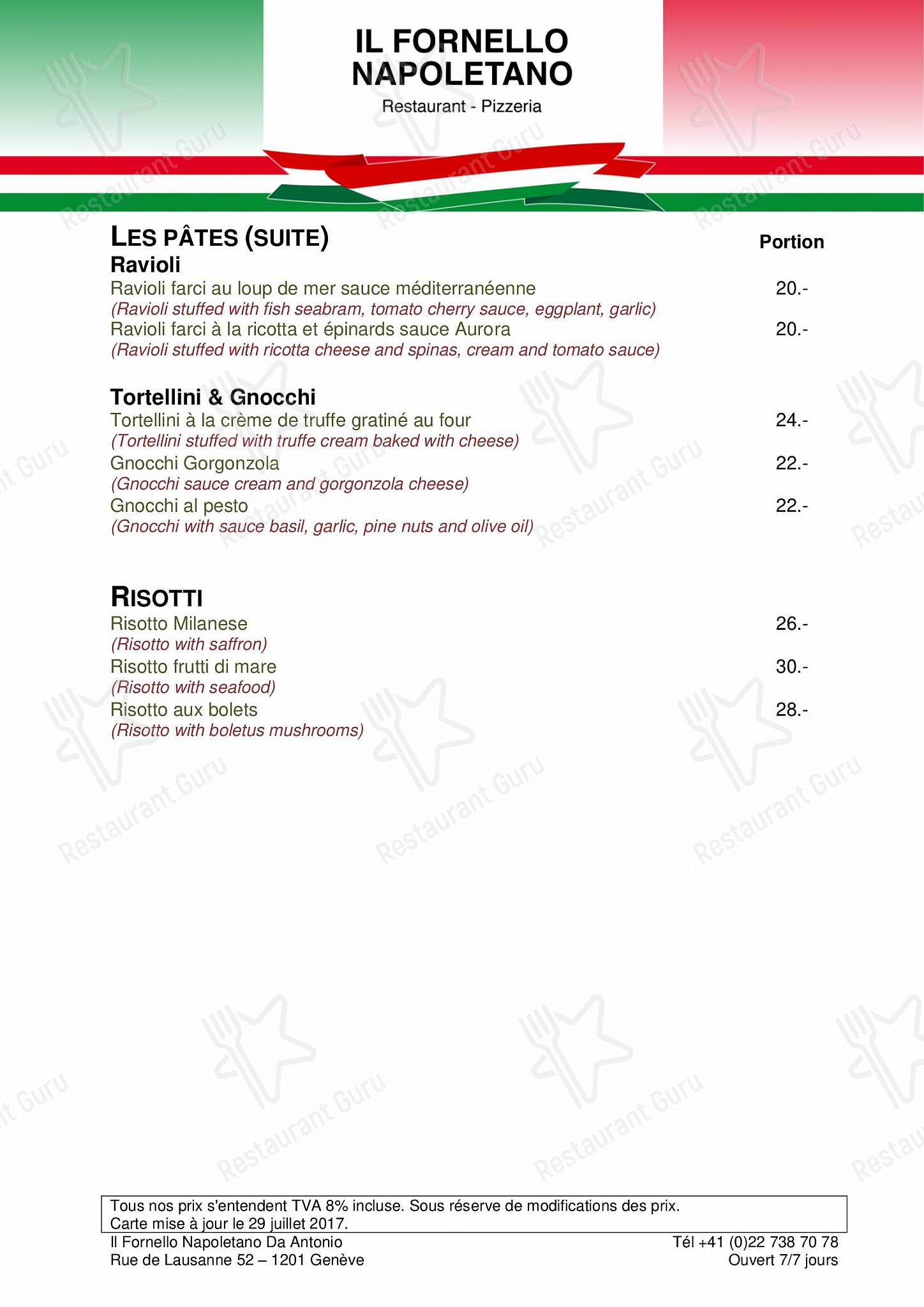 Menu au il Fornello Napolitano, Genève