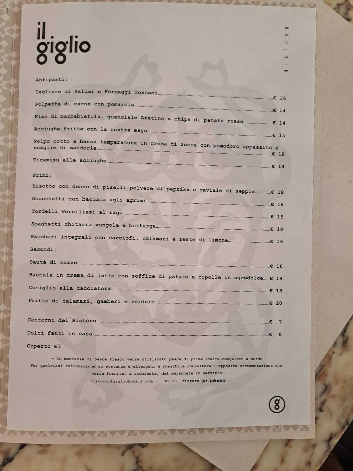 Menu da Il Giglio ristorante, Pietrasanta
