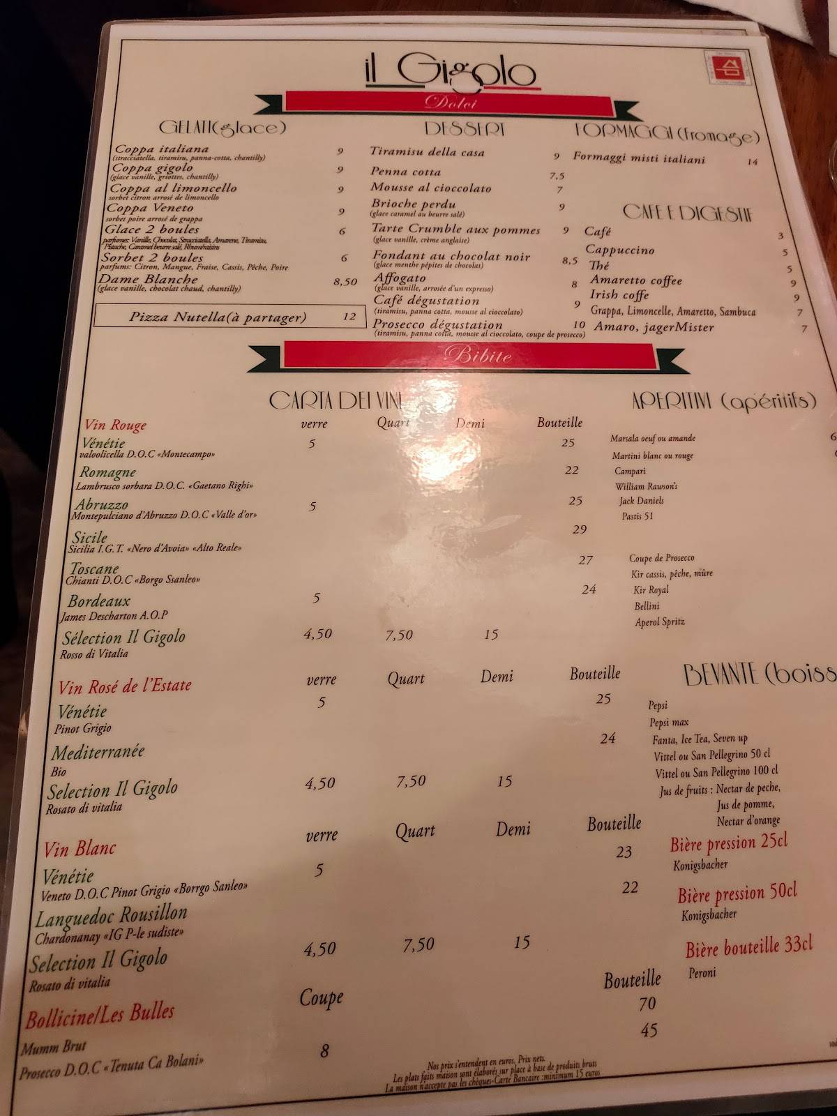 Menu at Il Gigolo restaurant, Paris, 11 Rue de la Huchette