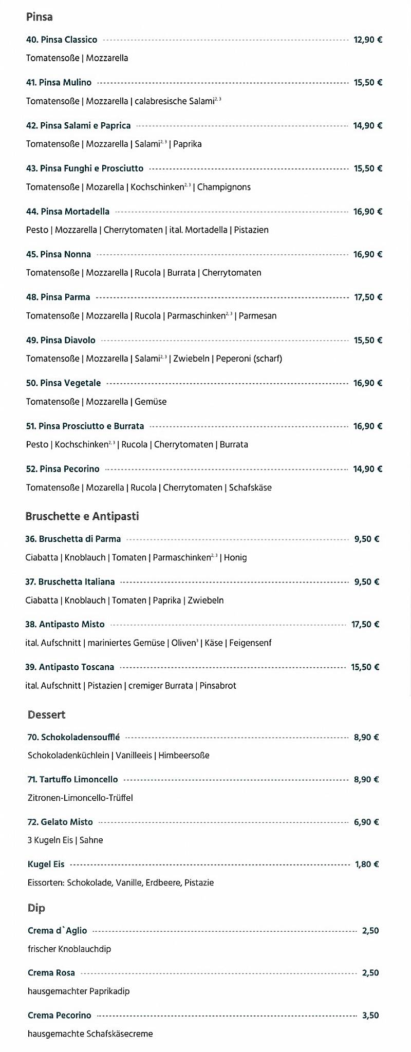 Speisekarte von Il Mulino restaurant, Deinste