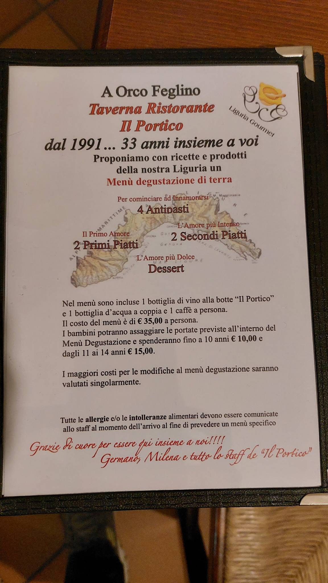 Menu da Il Portico ristorante, Feglino