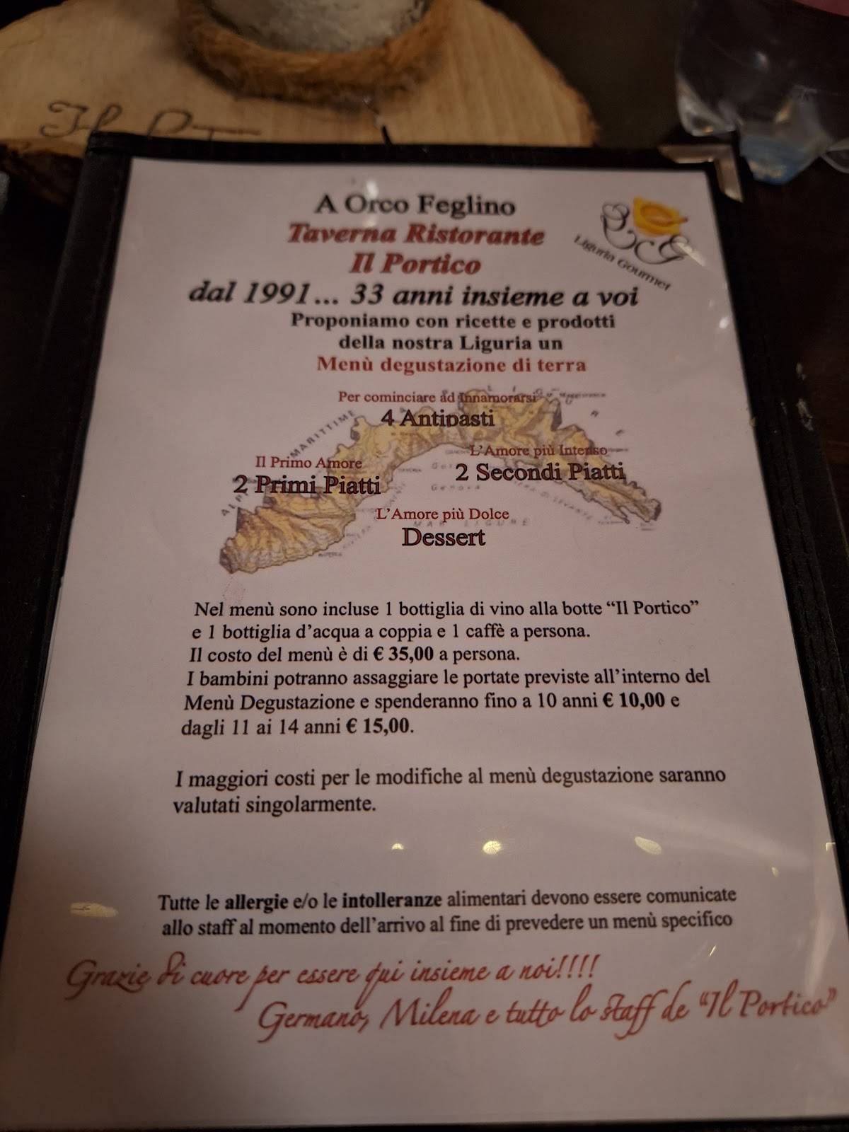 Menu da Il Portico ristorante, Feglino