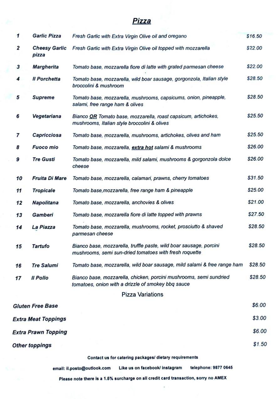 Menu at Il Posto - Best Italian Pizzeria and Restaurant, North Epping