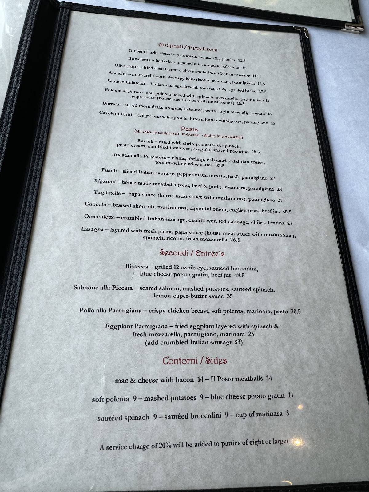 Menu at Il Posto Trattoria restaurant, Napa
