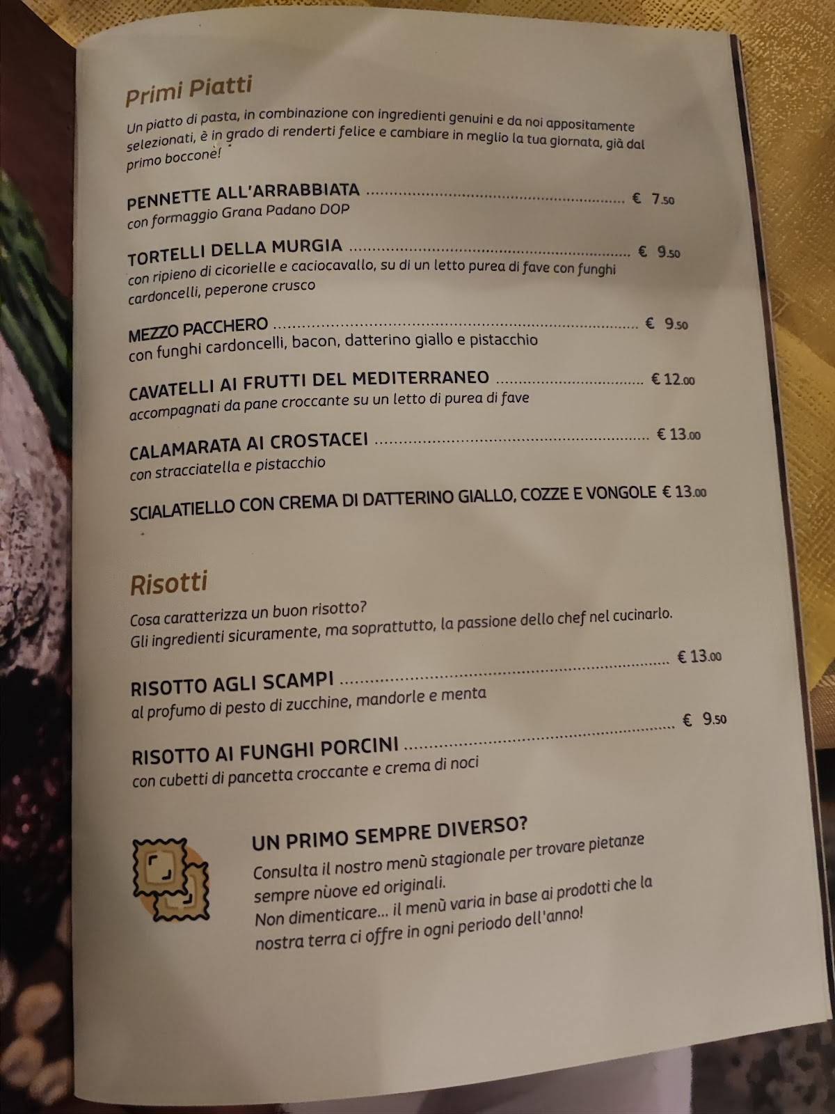 Menu da Il Vecchio Frantoio ristorante, Laterza, Via Concerie