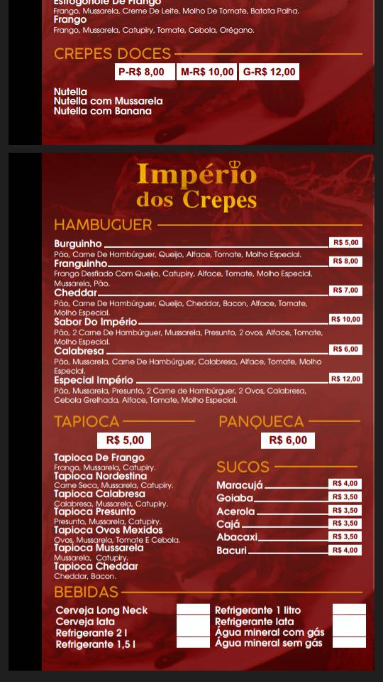 Menu em Império dos crêpes francês na chapa restaurante, Brasil