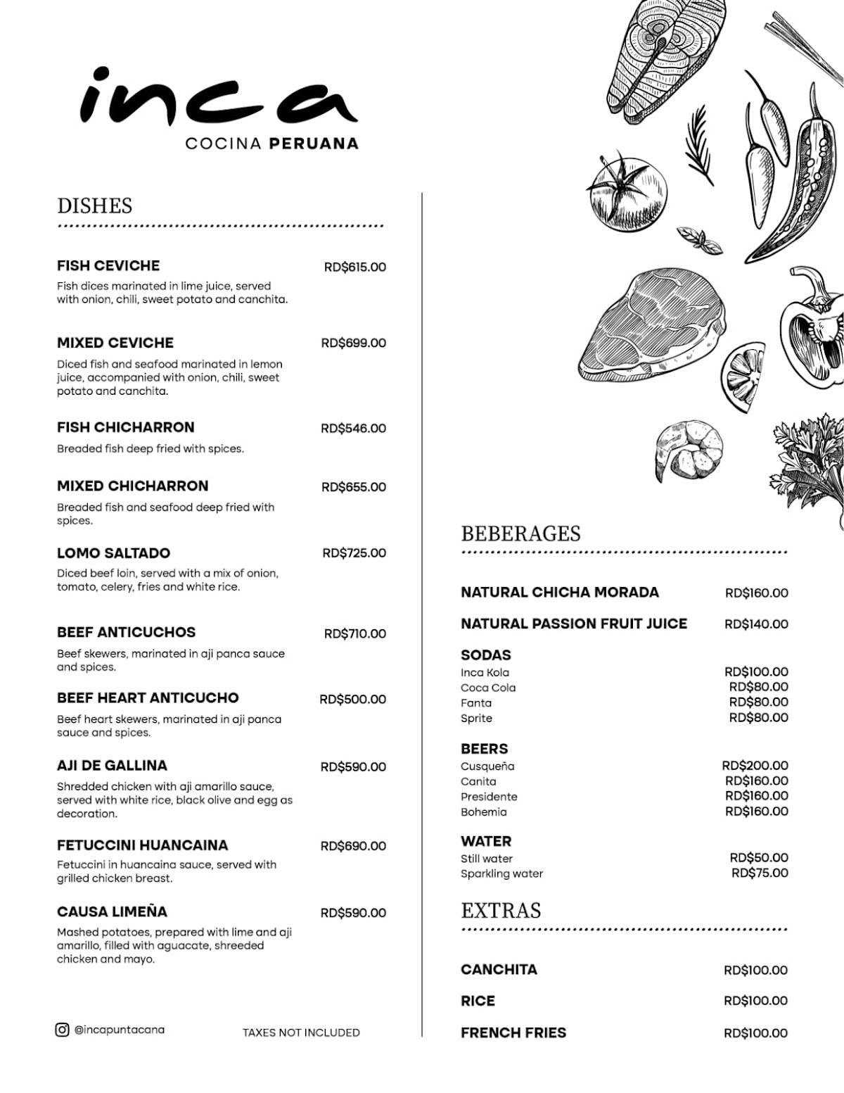Menu at Inca - Cocina Peruana restaurant, Punta Cana