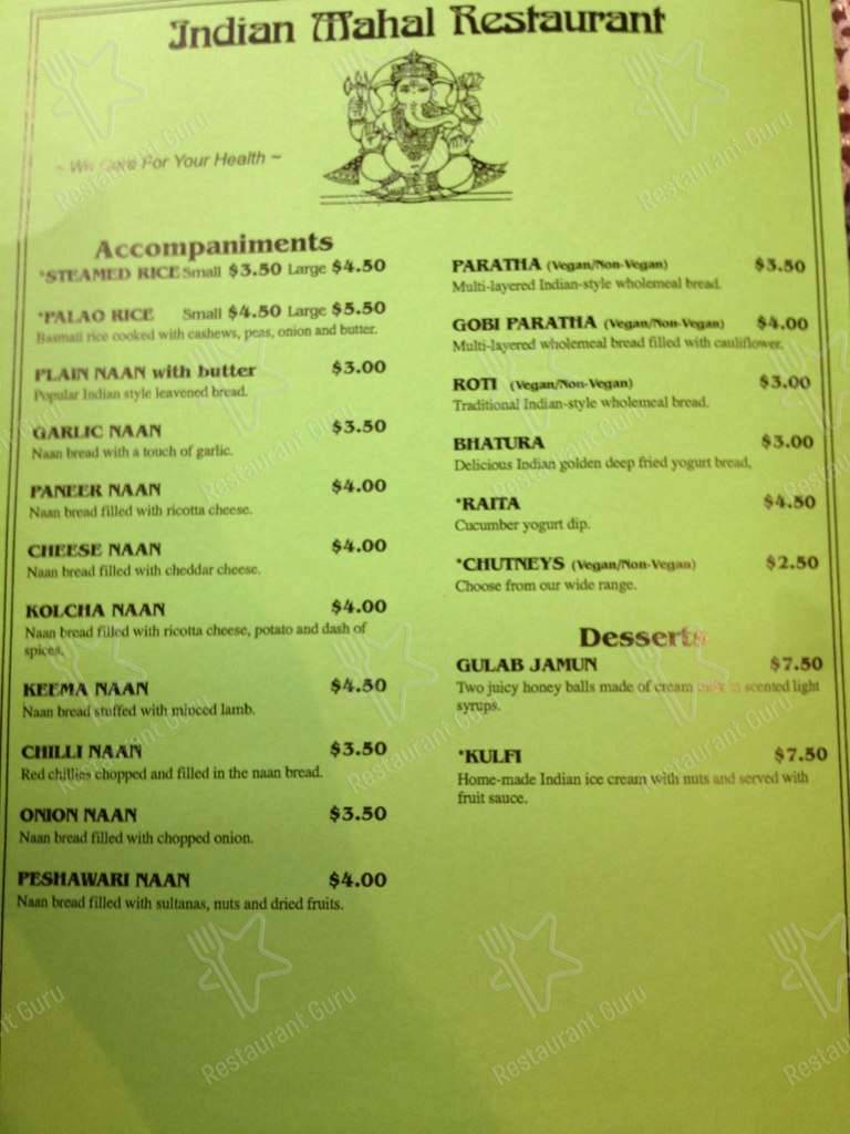 Menu at Indian Mahal Restaurant & Takeaway, Evandale