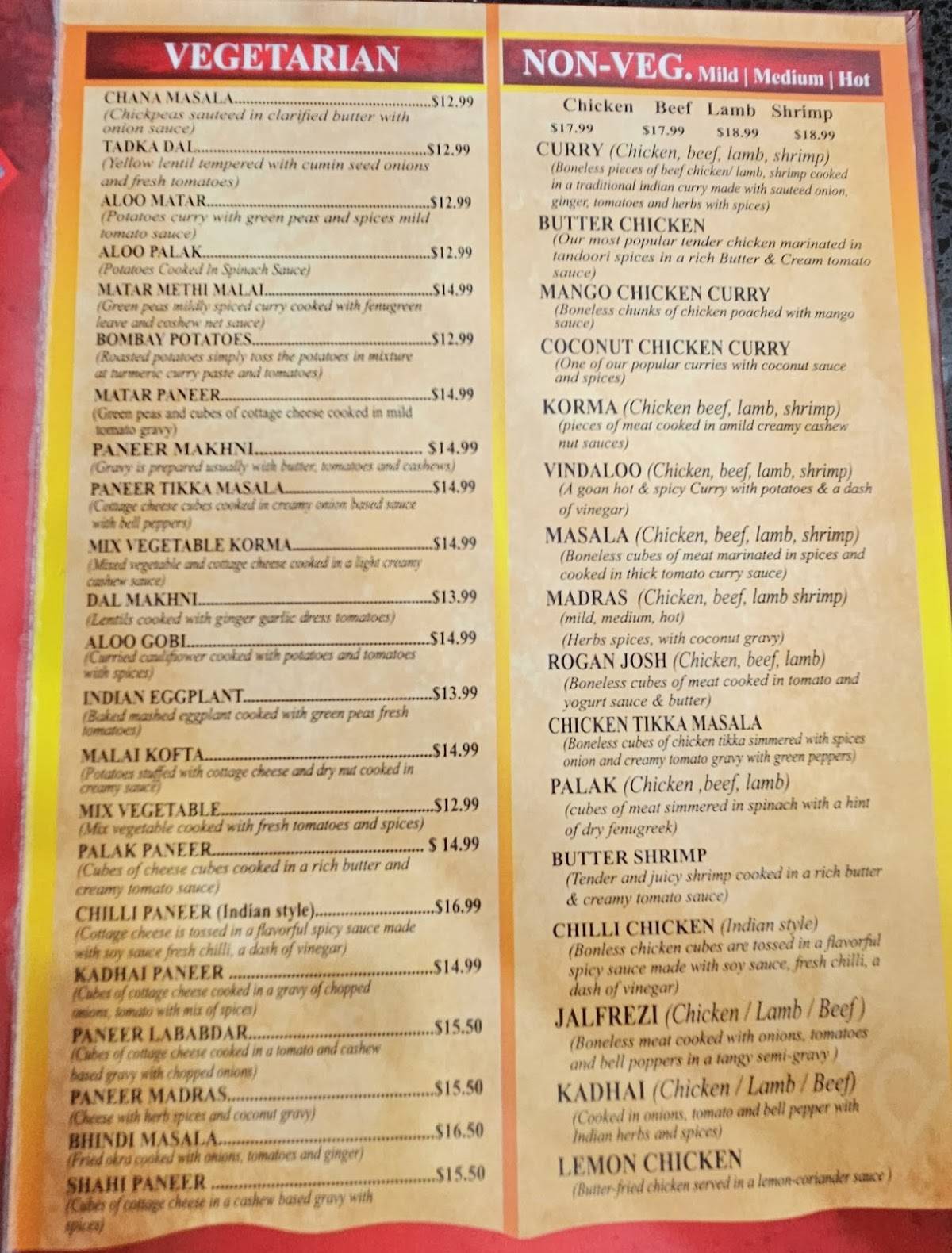 Menu at Indian hut waterdown restaurant, Hamilton
