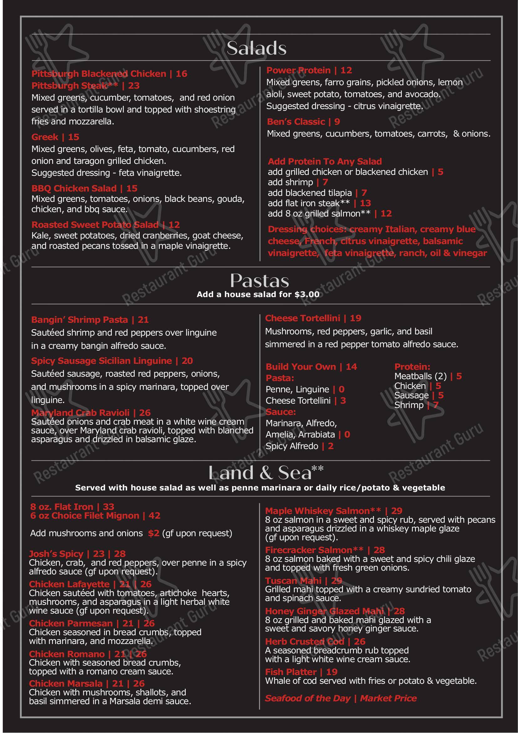 Menu at Benjamin's restaurant, Indiana
