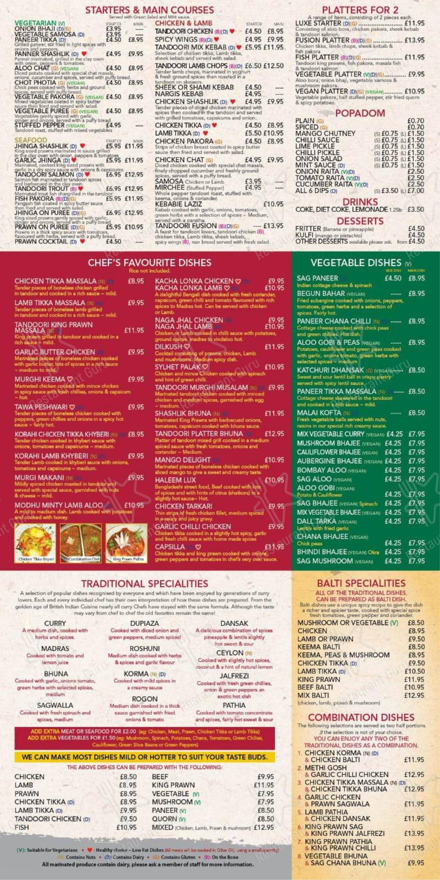 Menu at Indiluxe restaurant, Stourbridge