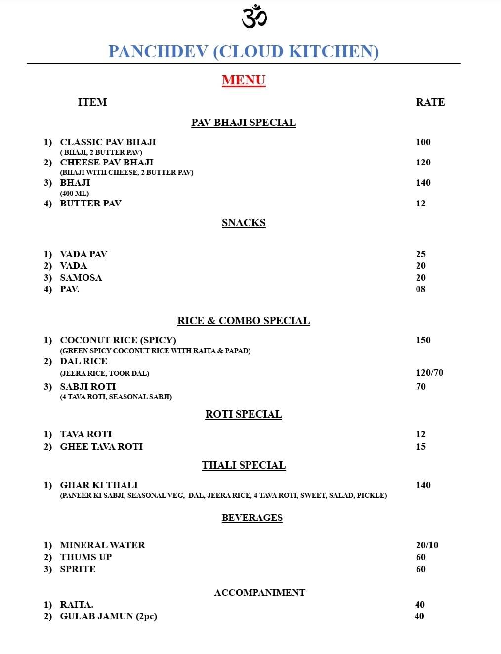 Menu at PANCHDEV, Indore