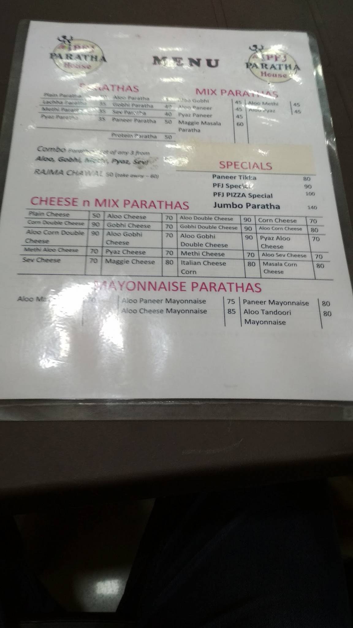 Menu at PFJ Paratha House, Indore, Shop No. 1