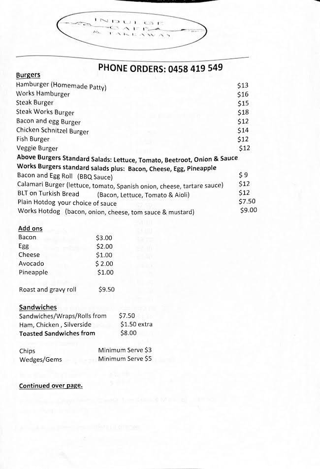 Menu at Indulge Cafe & Takeaway, Glass House Mountains