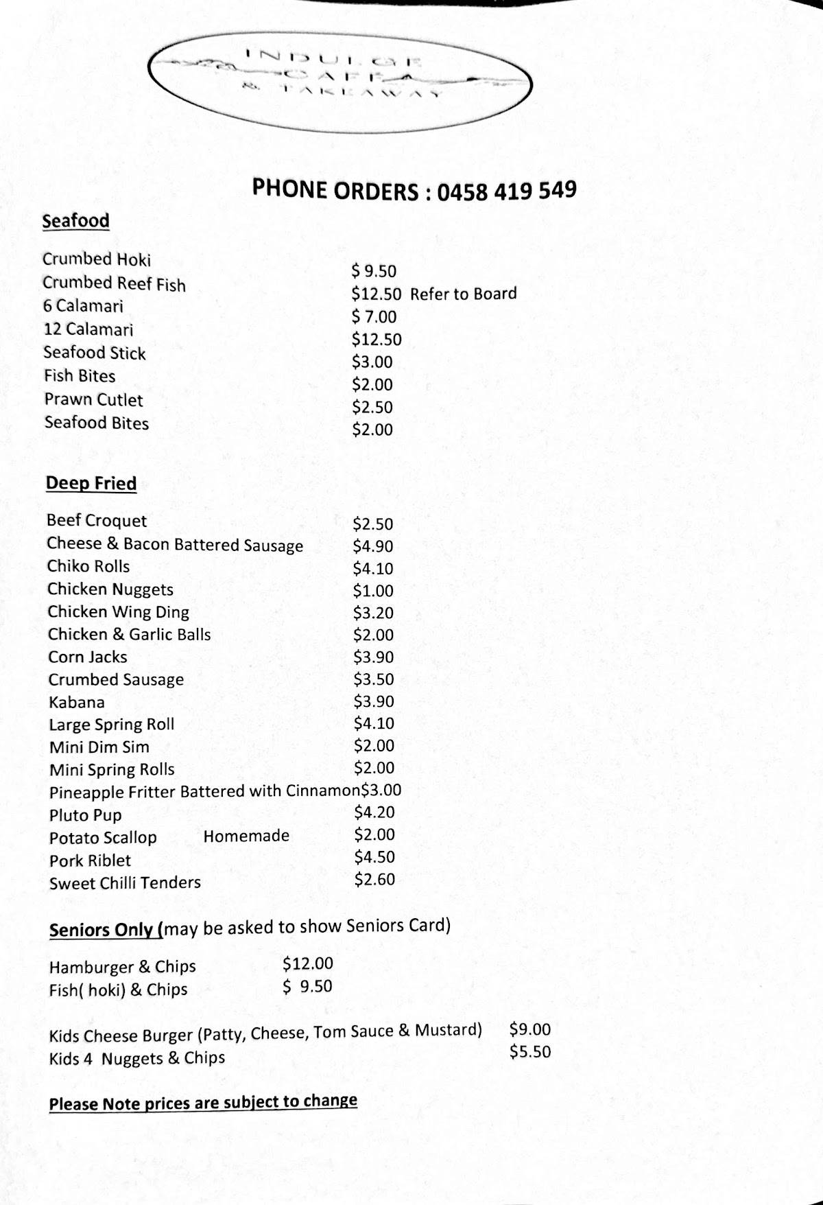 Menu at Indulge Cafe & Takeaway, Glass House Mountains