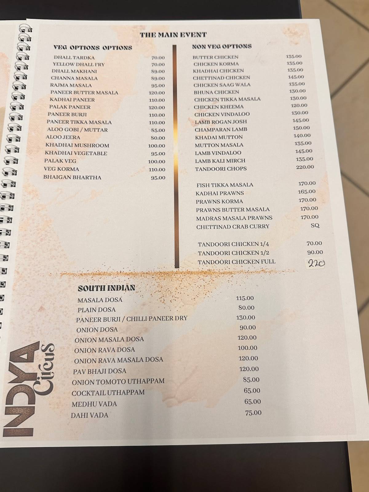 Menu at Indya Circus (Indian Restaurant), Umhlanga