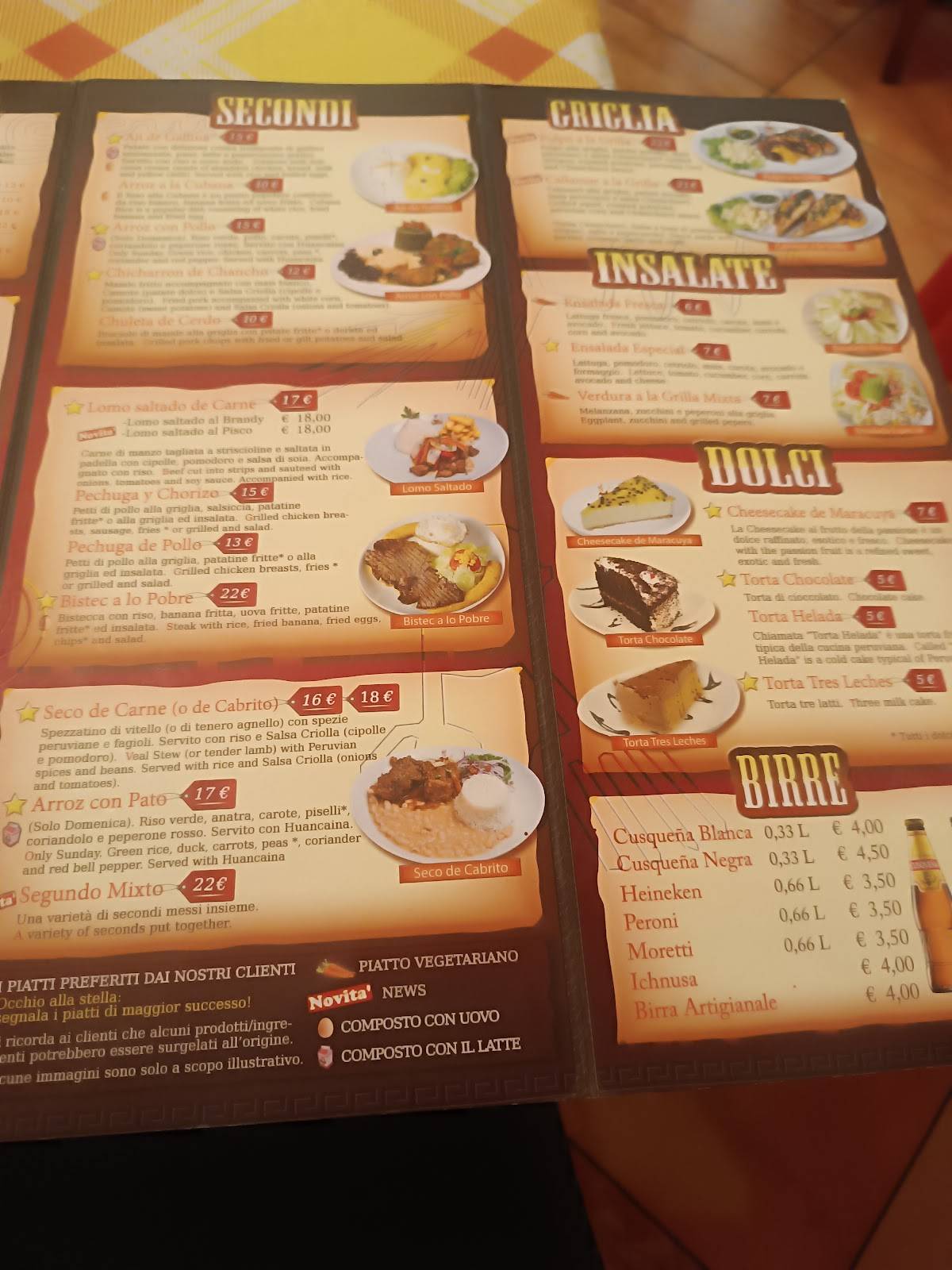Menu at Inka Chicken restaurant, Rome, Via Palestro