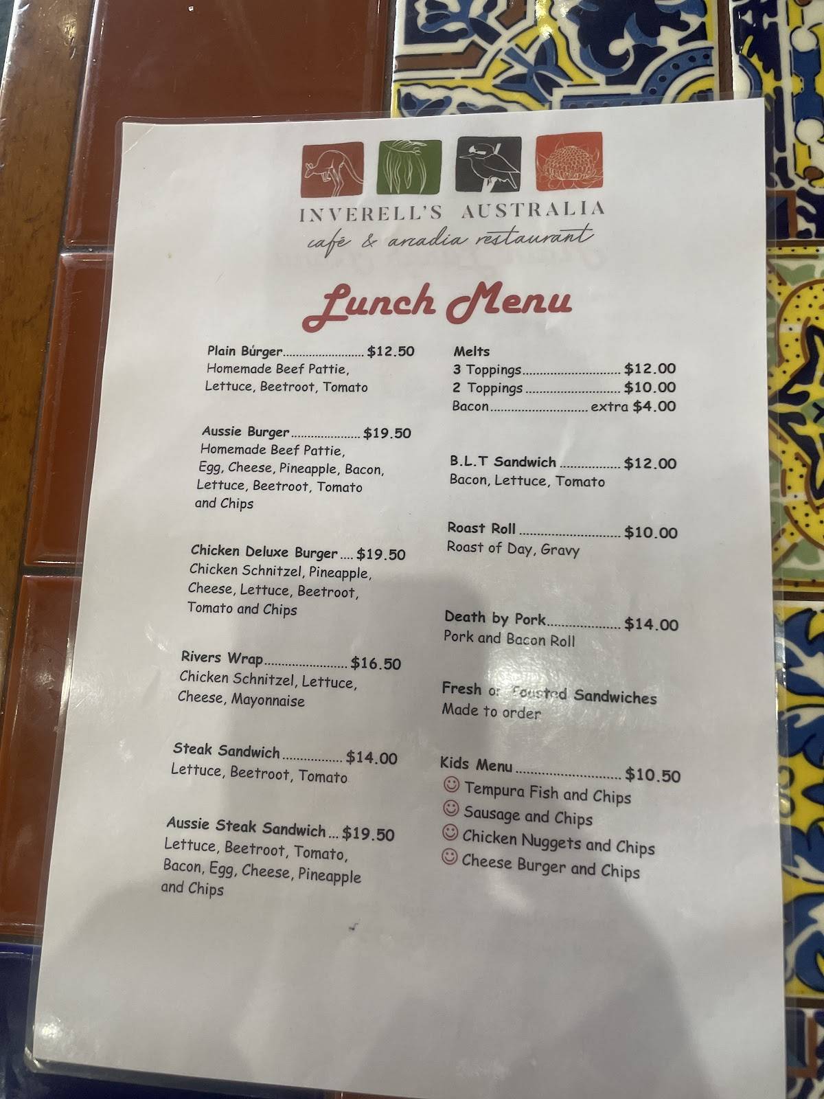 Menu at Inverell Australia Cafe, Inverell