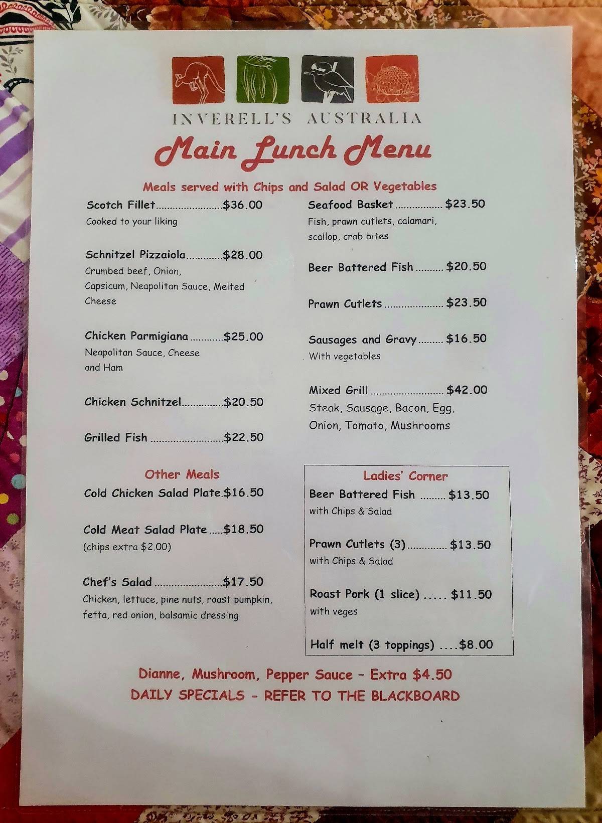 Menu at Inverell Australia Cafe, Inverell