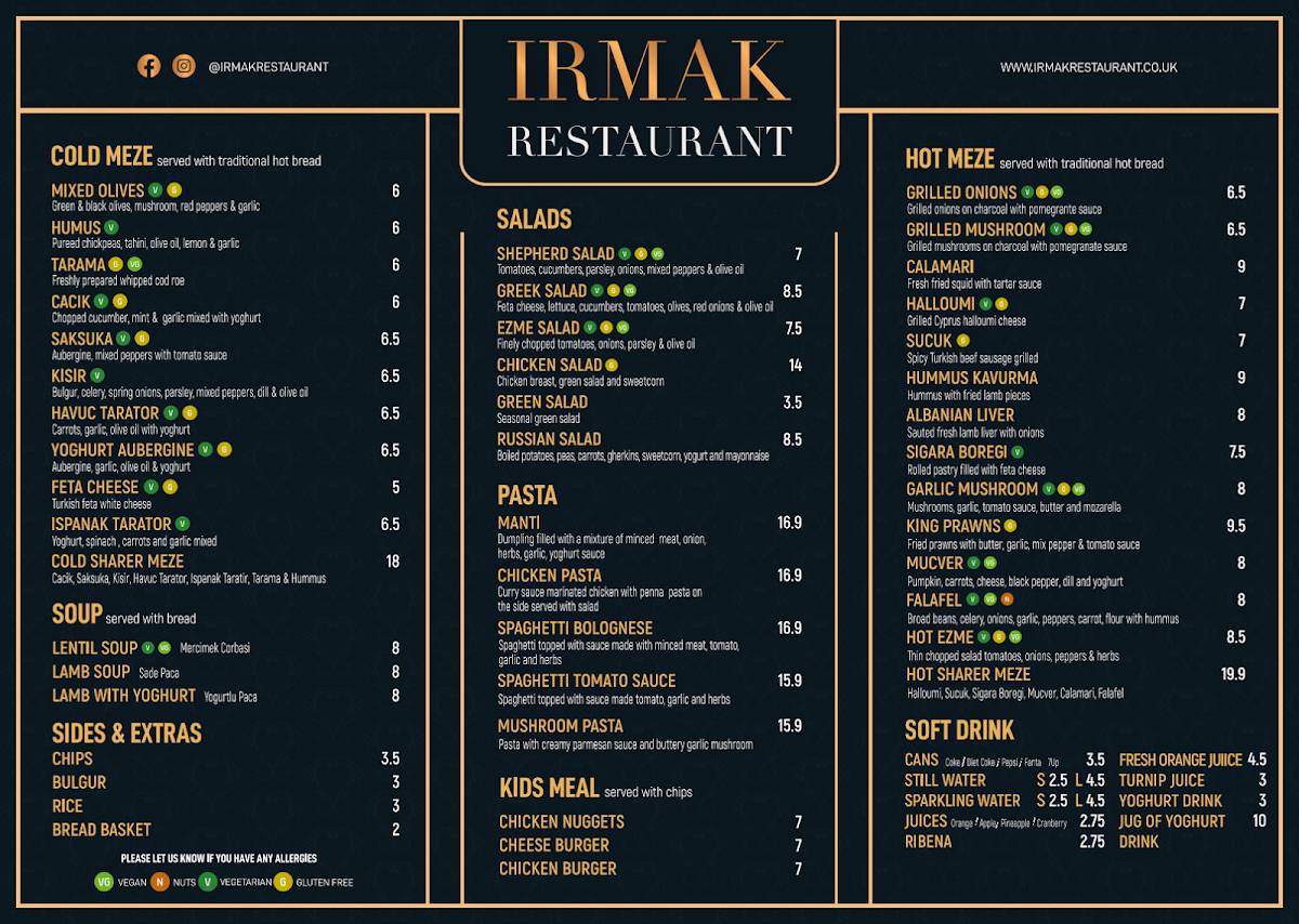 Menu at Irmak Restaurant, Enfield