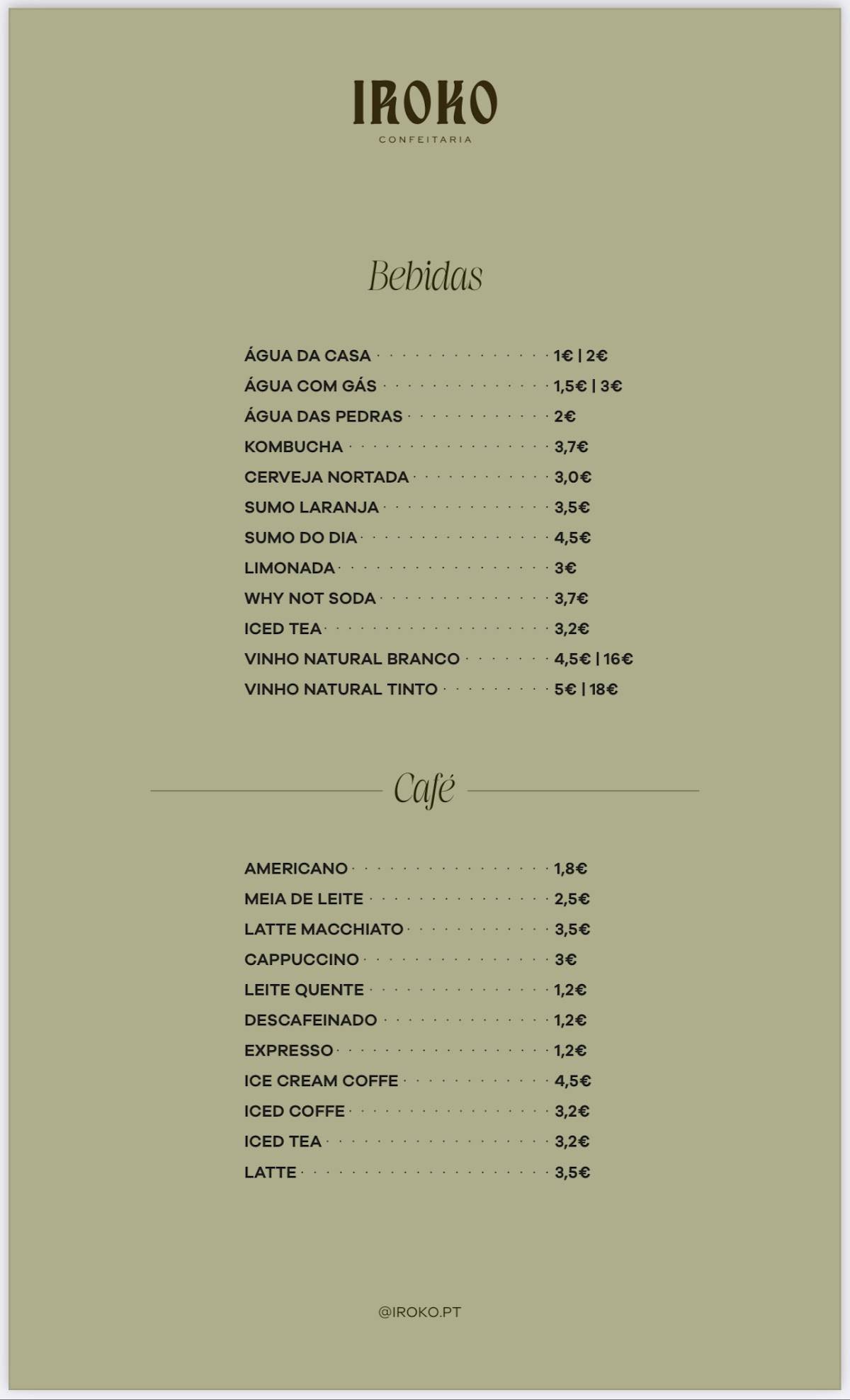 Menu at Iroko Confeitaria restaurant, Portugal