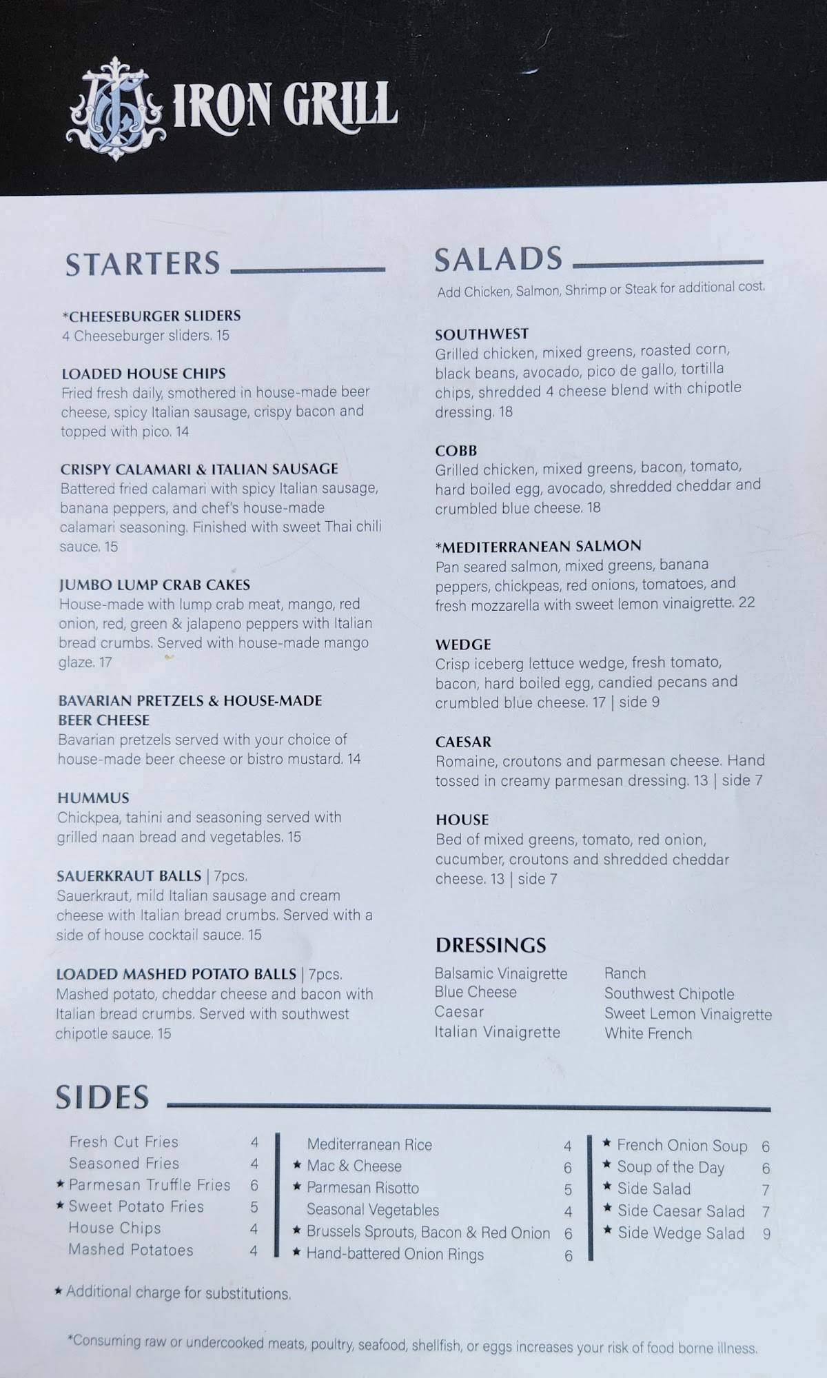 Menu at Iron Grill restaurant, Akron
