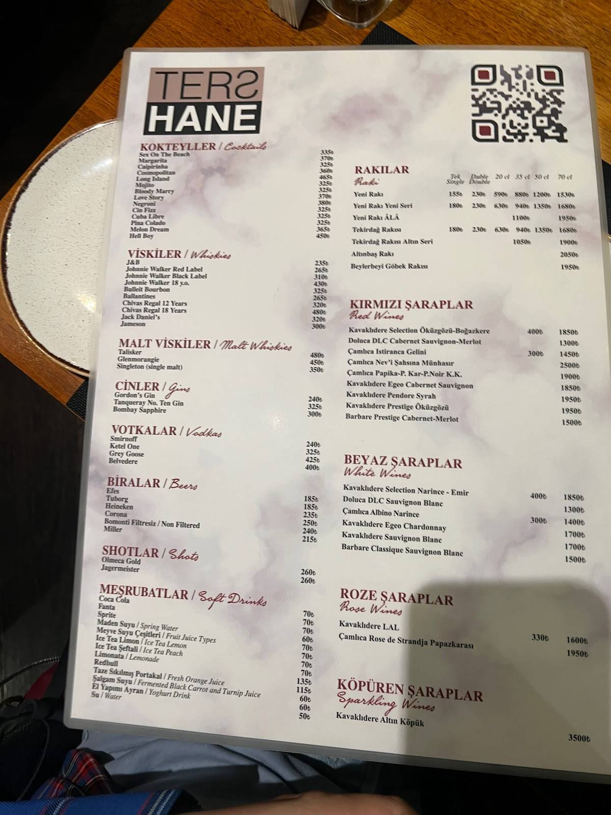 Menu at Tershane Karaköy, Istanbul