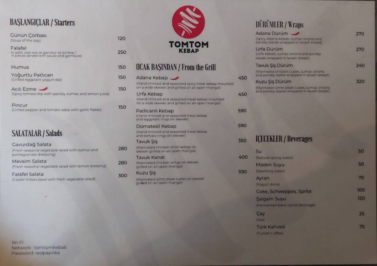 Menu at Tomtom Kebap, Istanbul, Yeni Çarşı Cd. 39 A