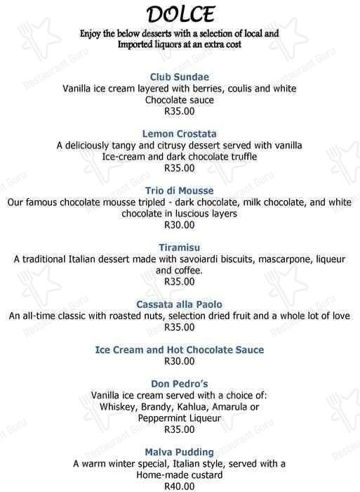 Menu at Italian Club, Cape Town
