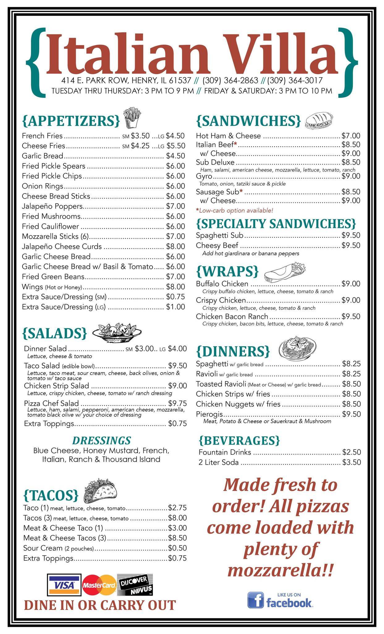 Menu at Italian Villa pizzeria, Henry