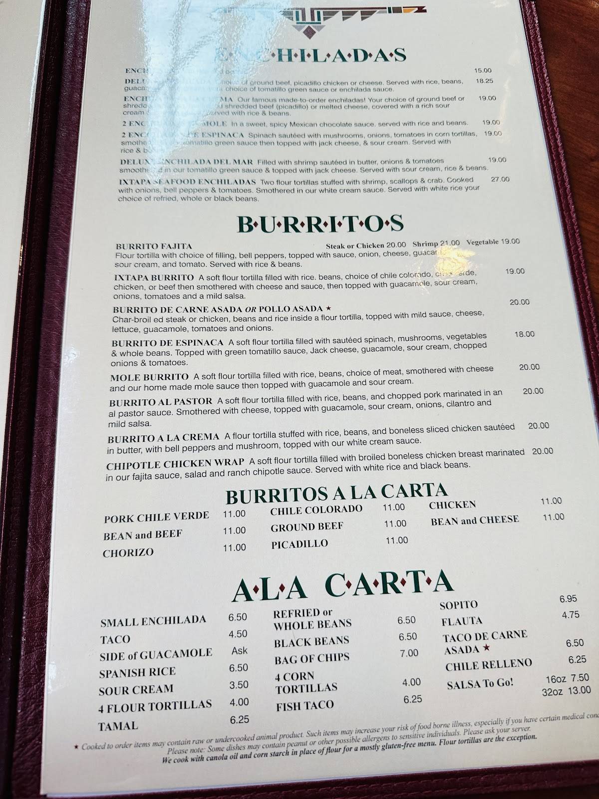 Menu at Ixtapa Restaurant, Monroe