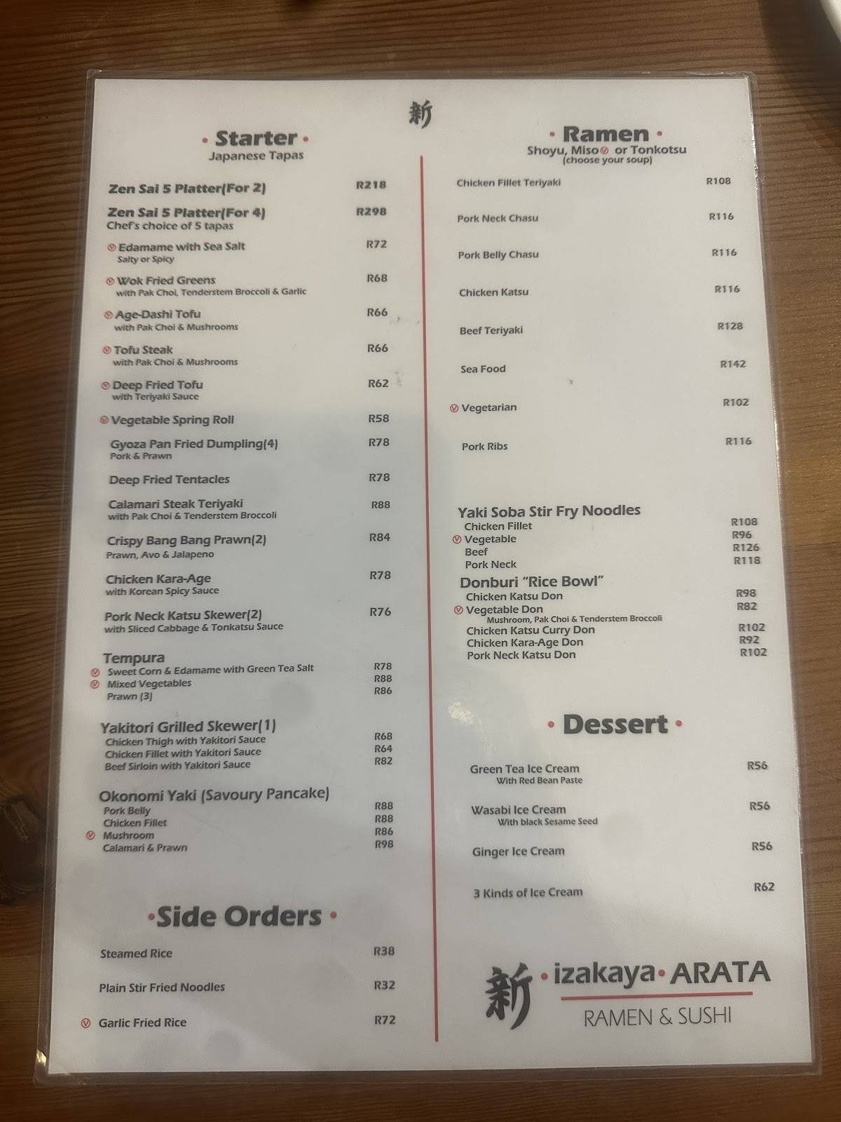 Menu at Izakaya Arata restaurant, Port Elizabeth, 15 Stanley St