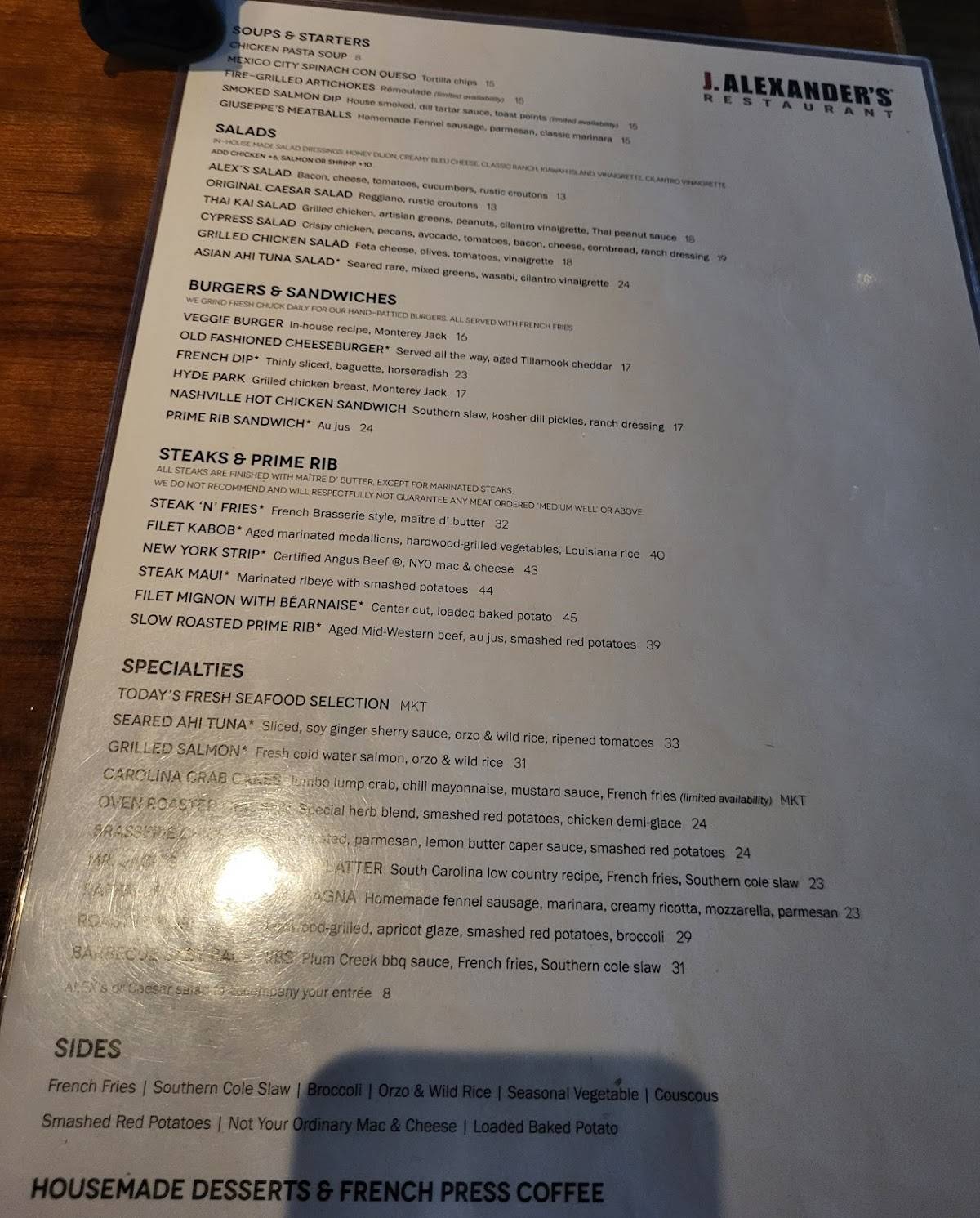 Menu at J. Alexander's Restaurant, Nashville, 73 White Bridge Rd #130