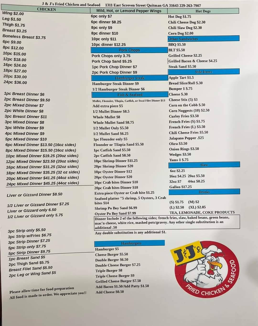 Menu at J & J's Fried Chicken & Seafood restaurant, Quitman