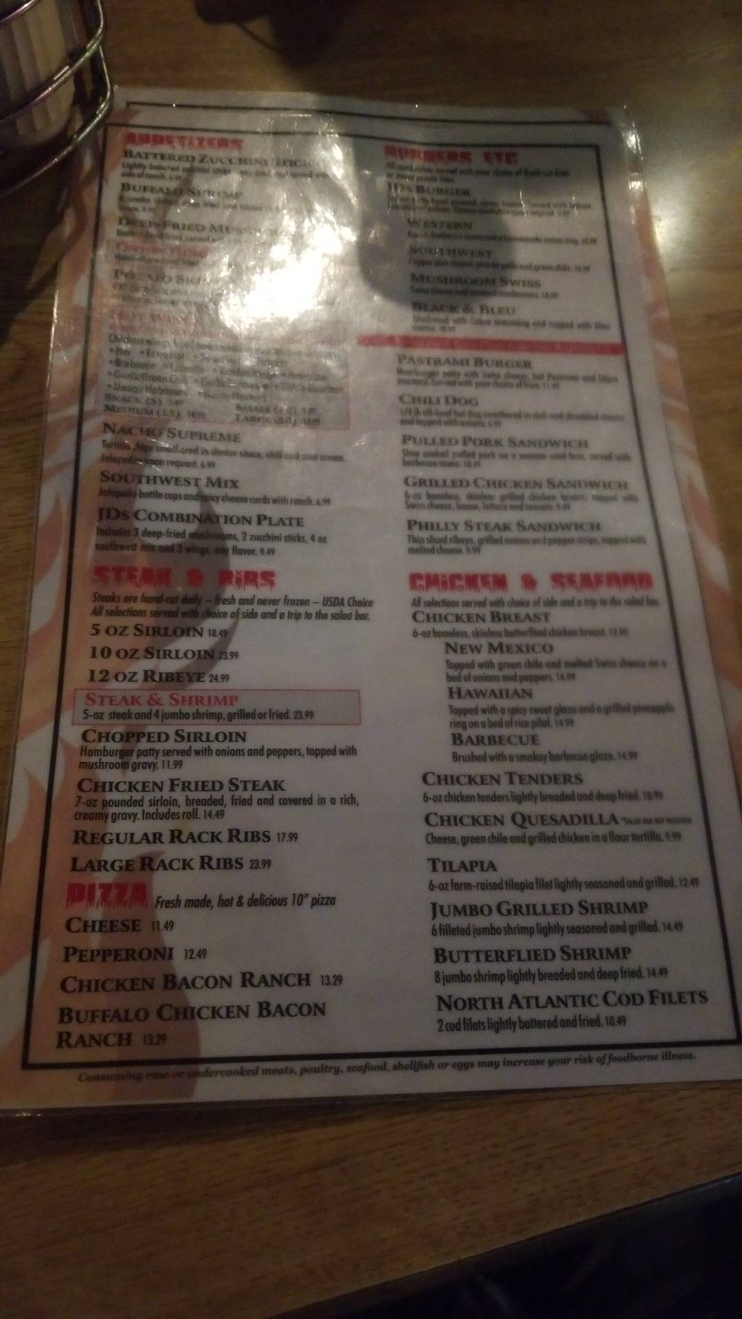 Menu at JD's Grill House pub & bar, Thatcher, US-70