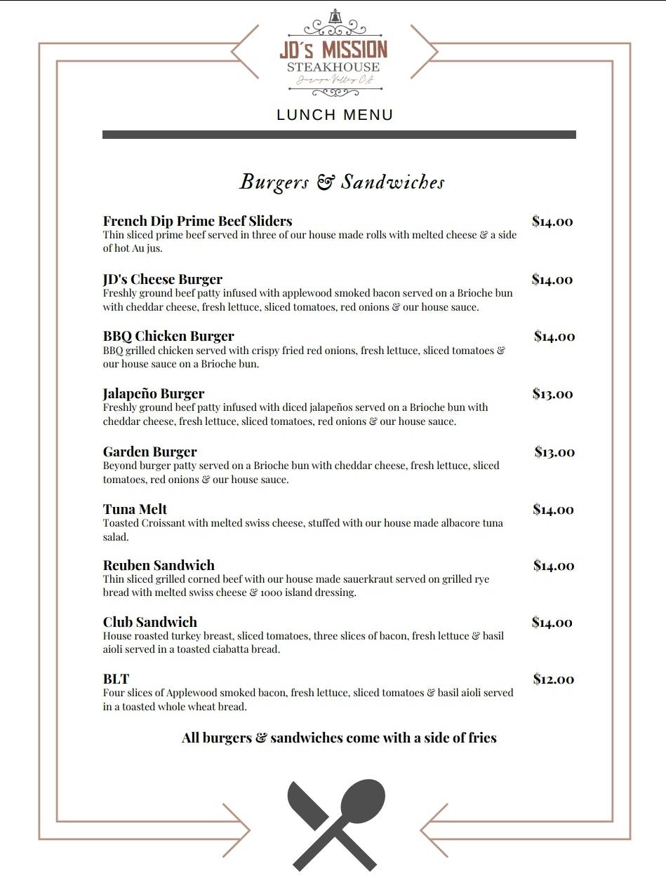 Menu at JD's Mission Steakhouse, Jurupa Valley