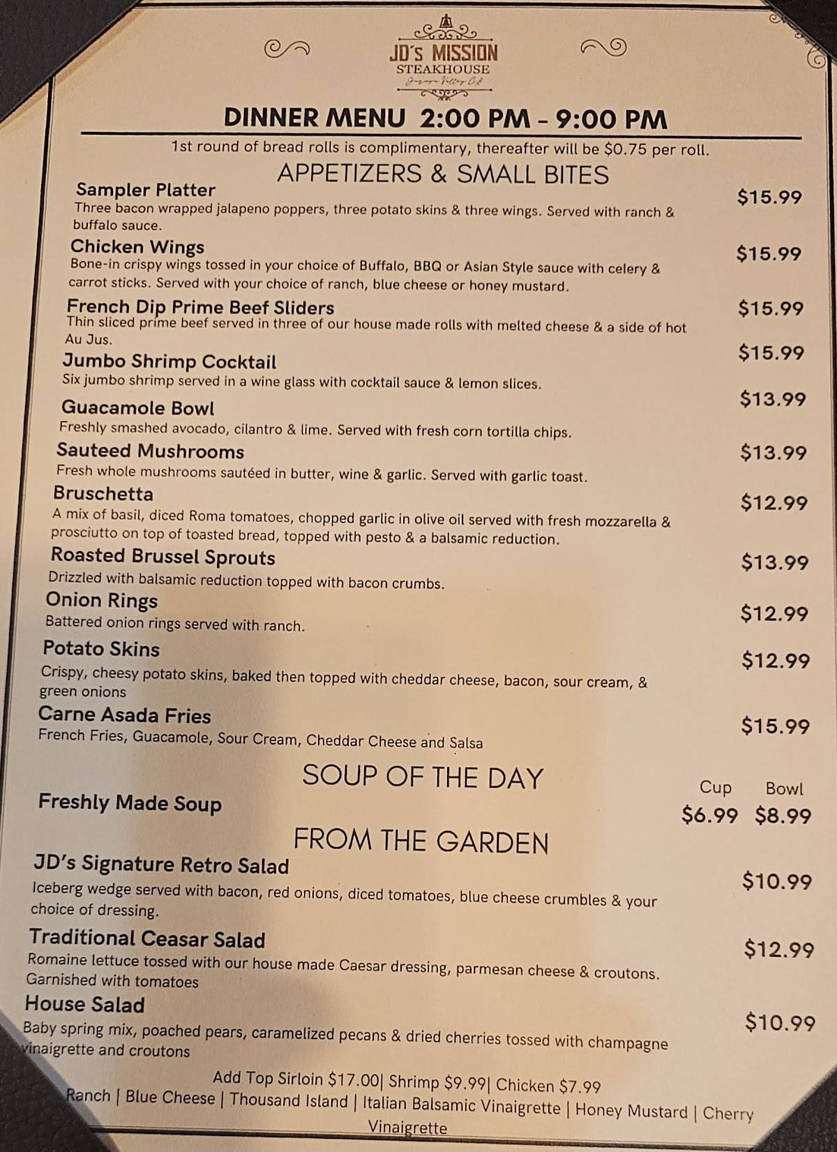 Menu at JD's Mission Steakhouse, Jurupa Valley