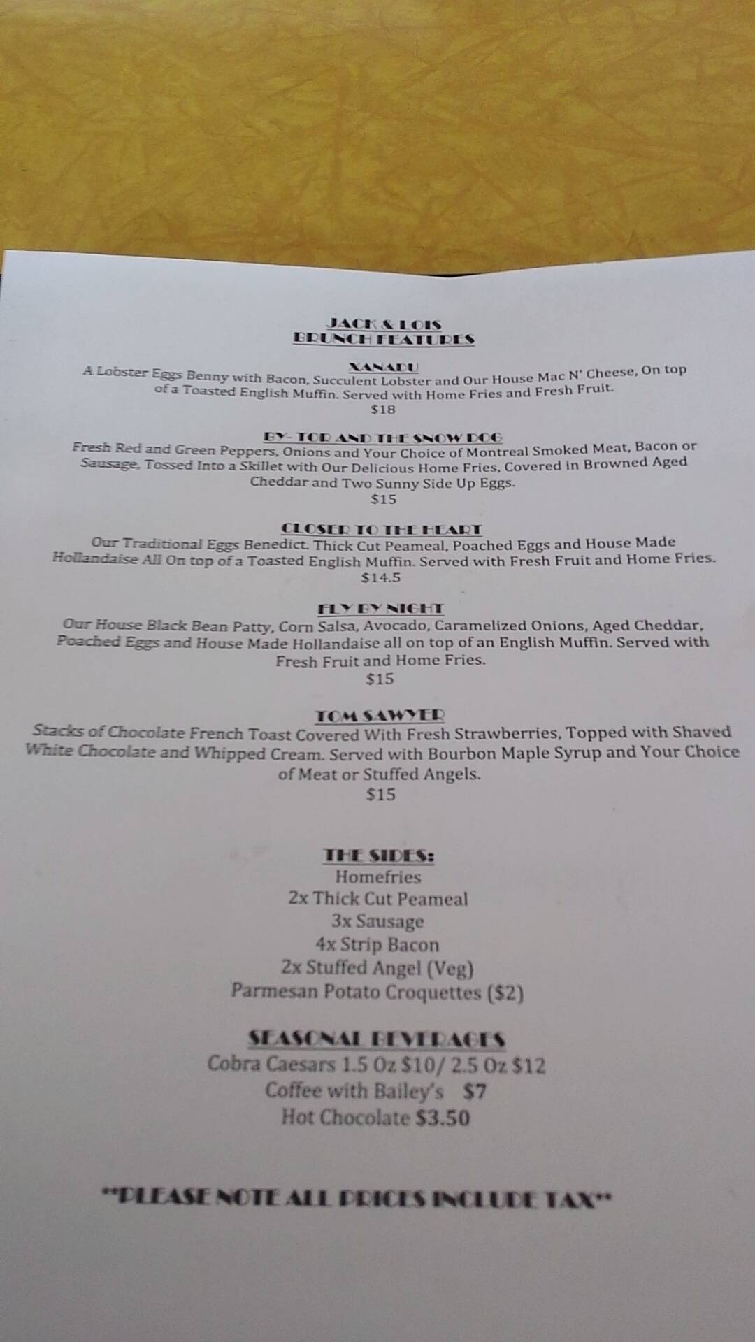 Menu at Jack & Lois restaurant, Hamilton