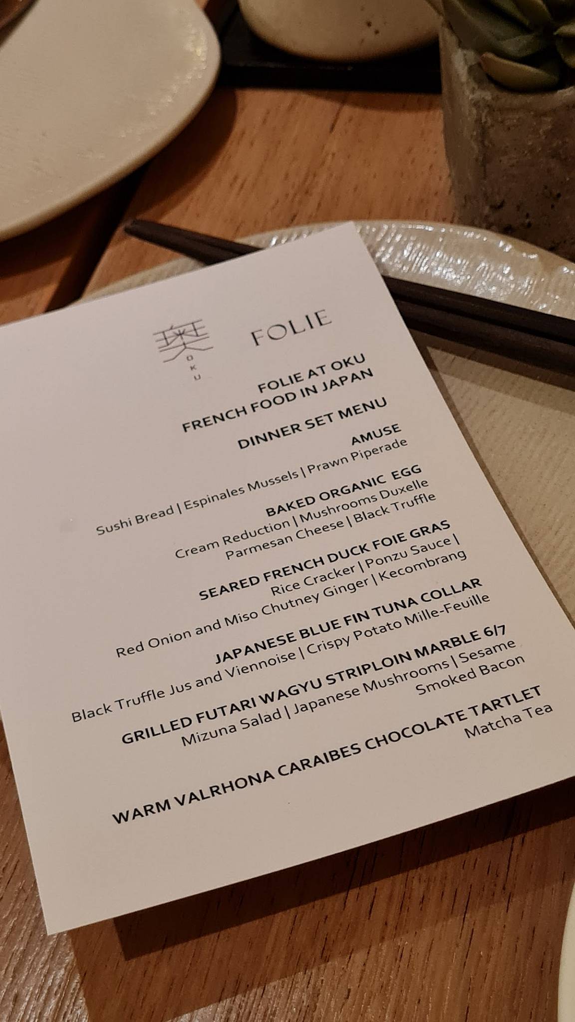 Menu at OKU restaurant, Jakarta, Hotel Indonesia Kempinski Jakarta
