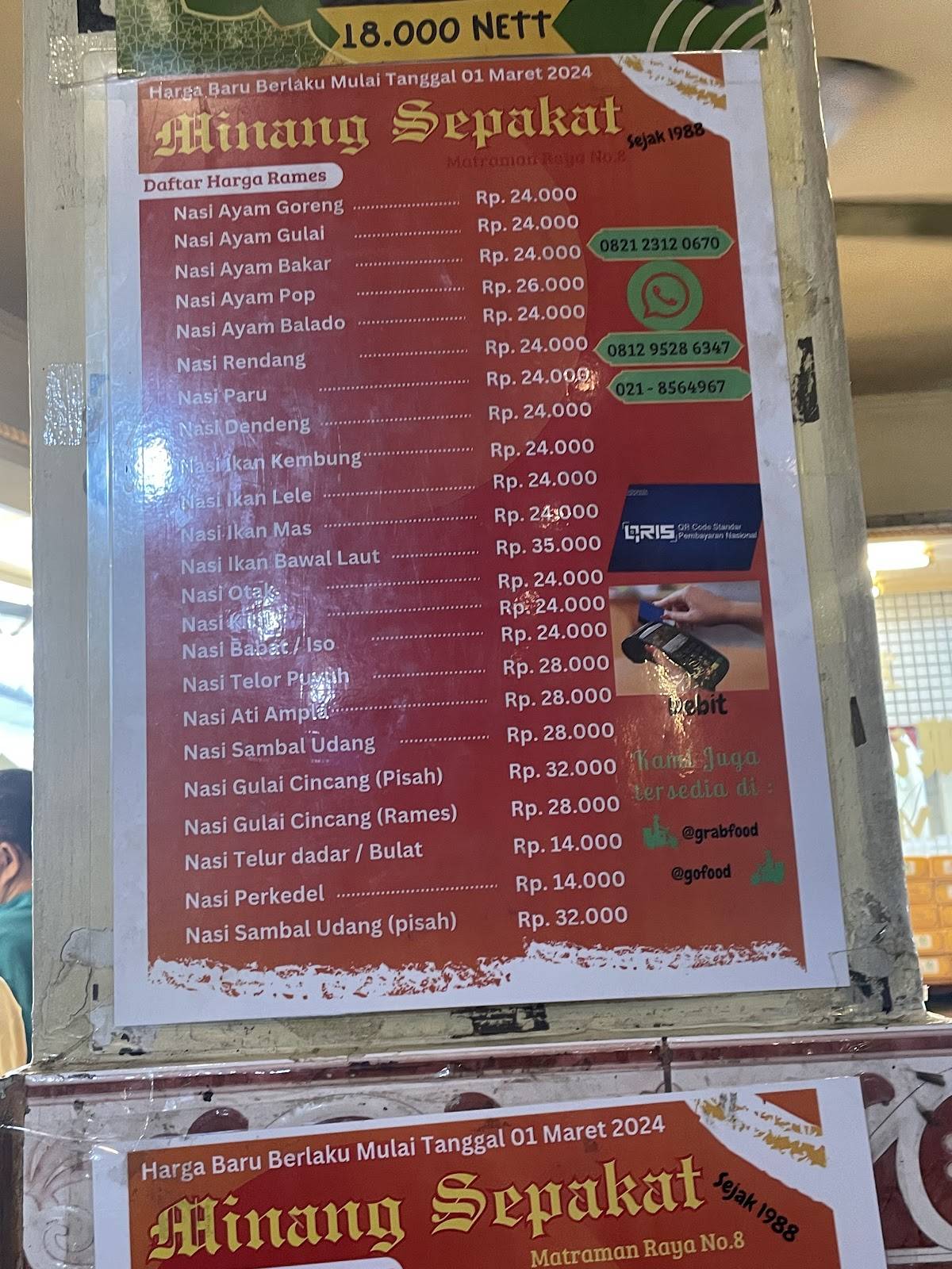Menu at Rumah Makan Minang Sepakat restaurant, East Jakarta, 2
