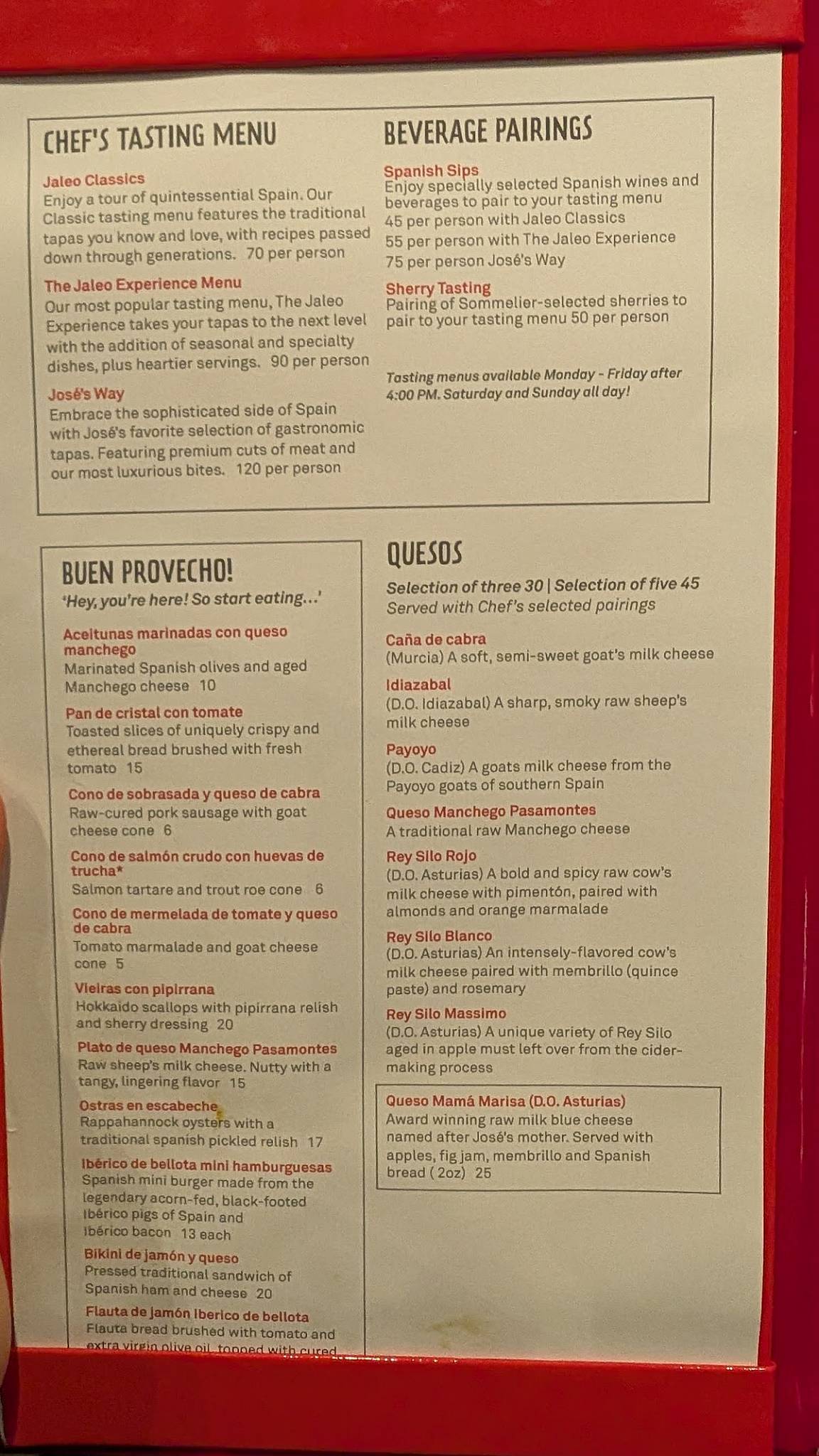 Menu at Jaleo pub & bar, Washington, 480 7th St NW