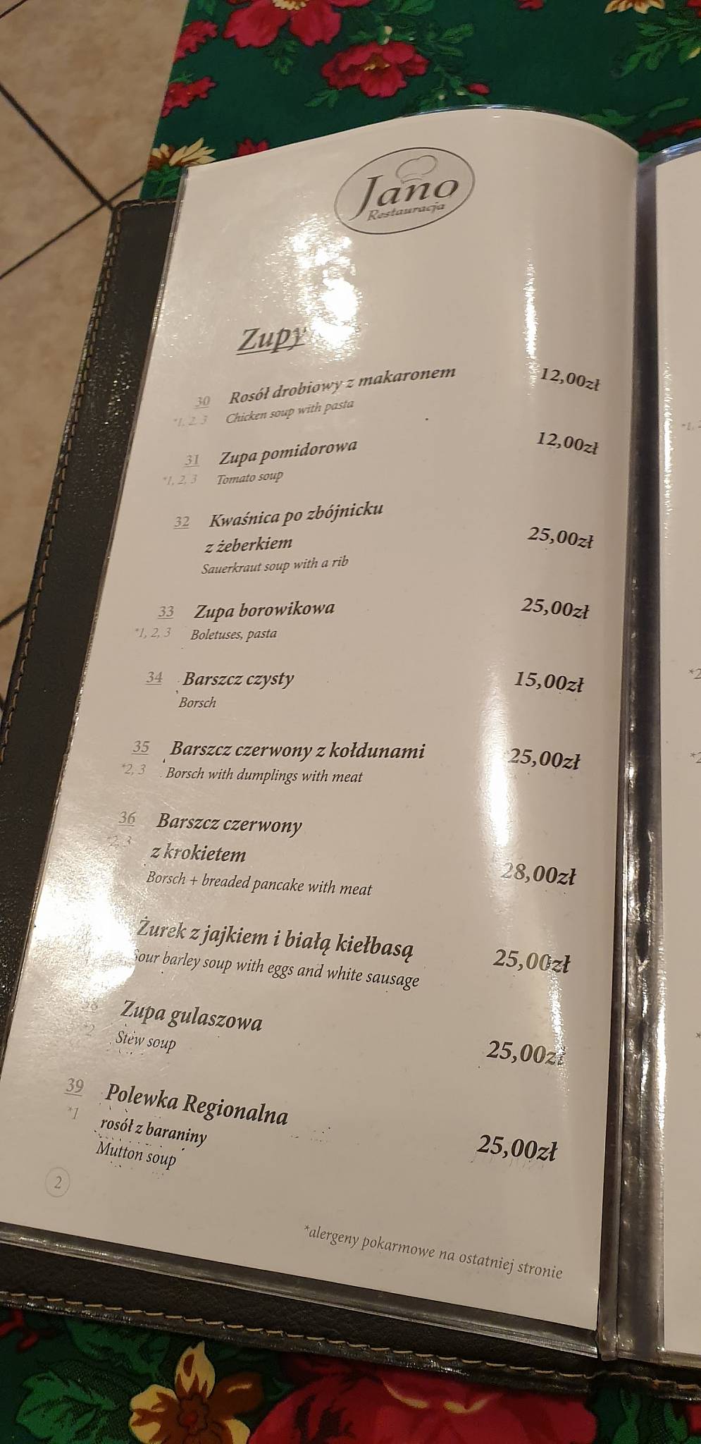 Menu at Jano restaurant, Kościelisko