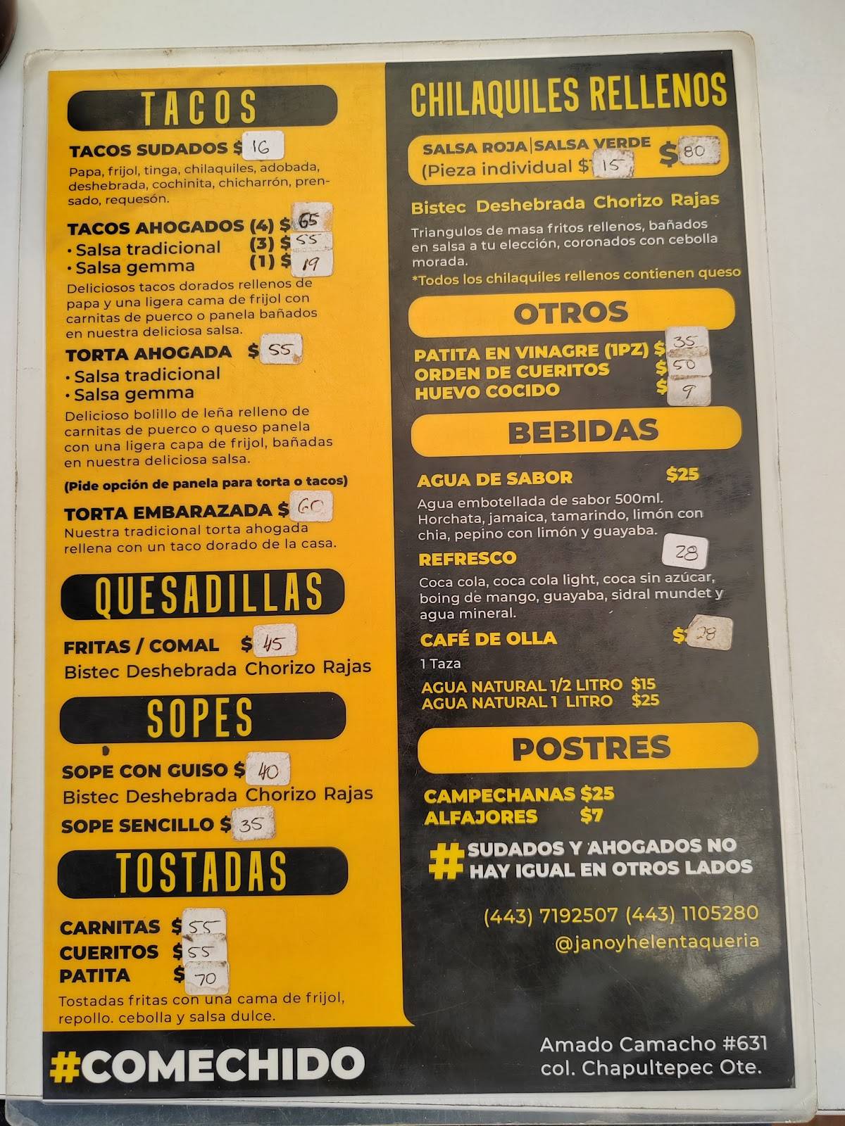 Carta del restaurante Jano y Helen Taqueria, Morelia, Coronel Amado ...