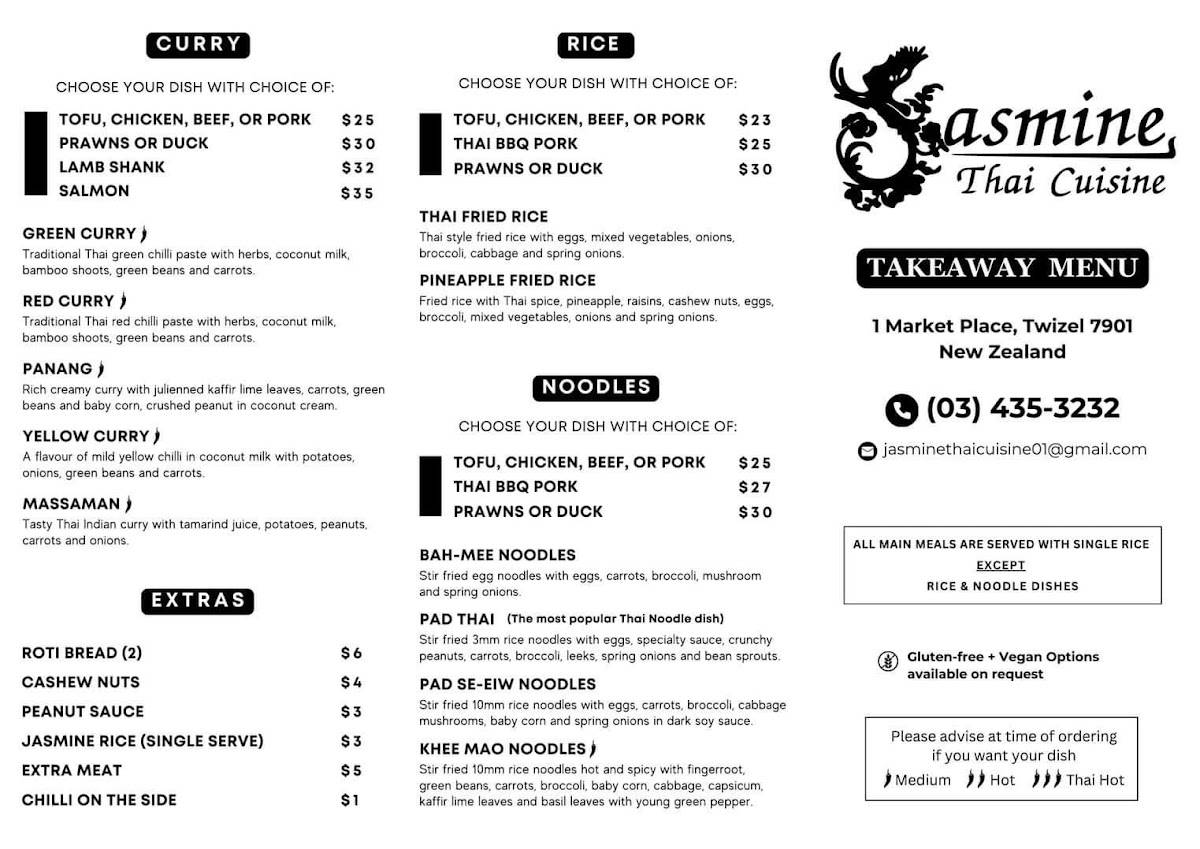 Menu at Jasmine Thai Restaurant, Twizel